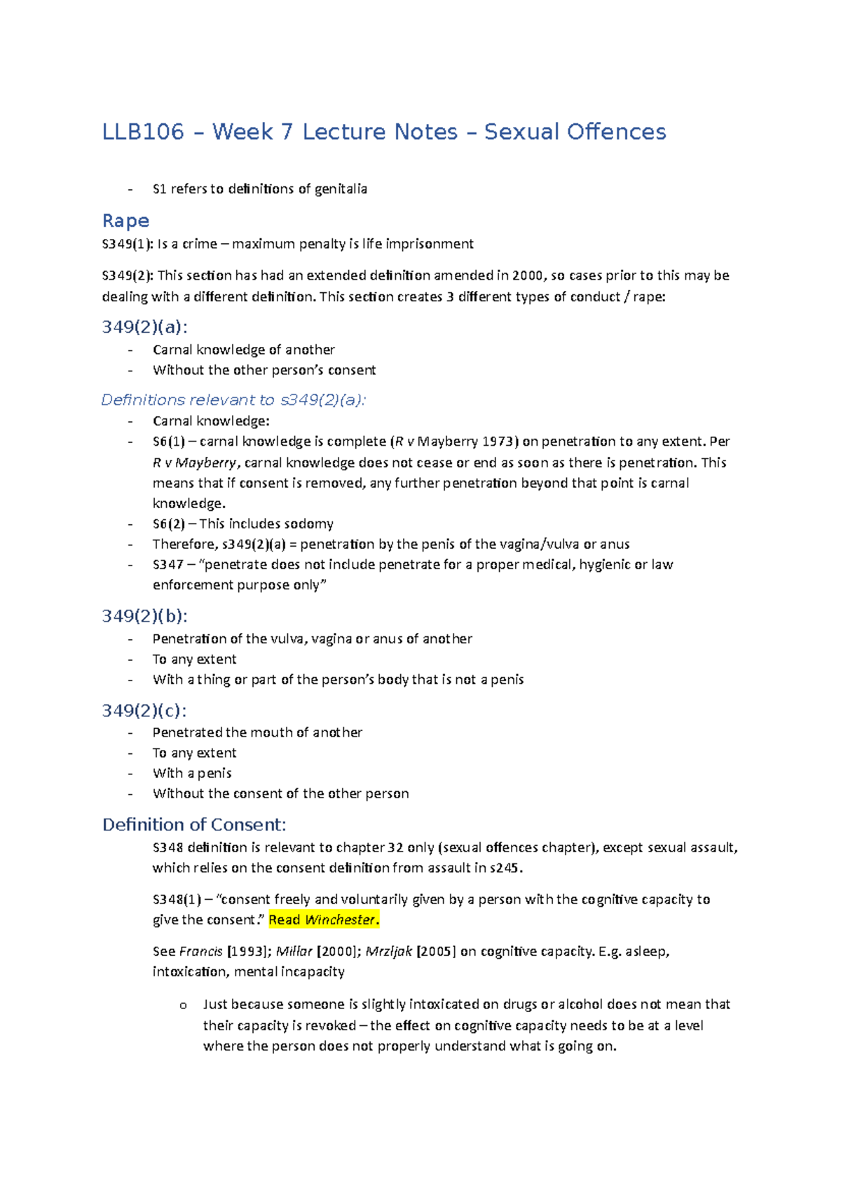 Llb106 Week 7 Notes Llb106 Week 7 Lecture Notes Sexual Offences S1