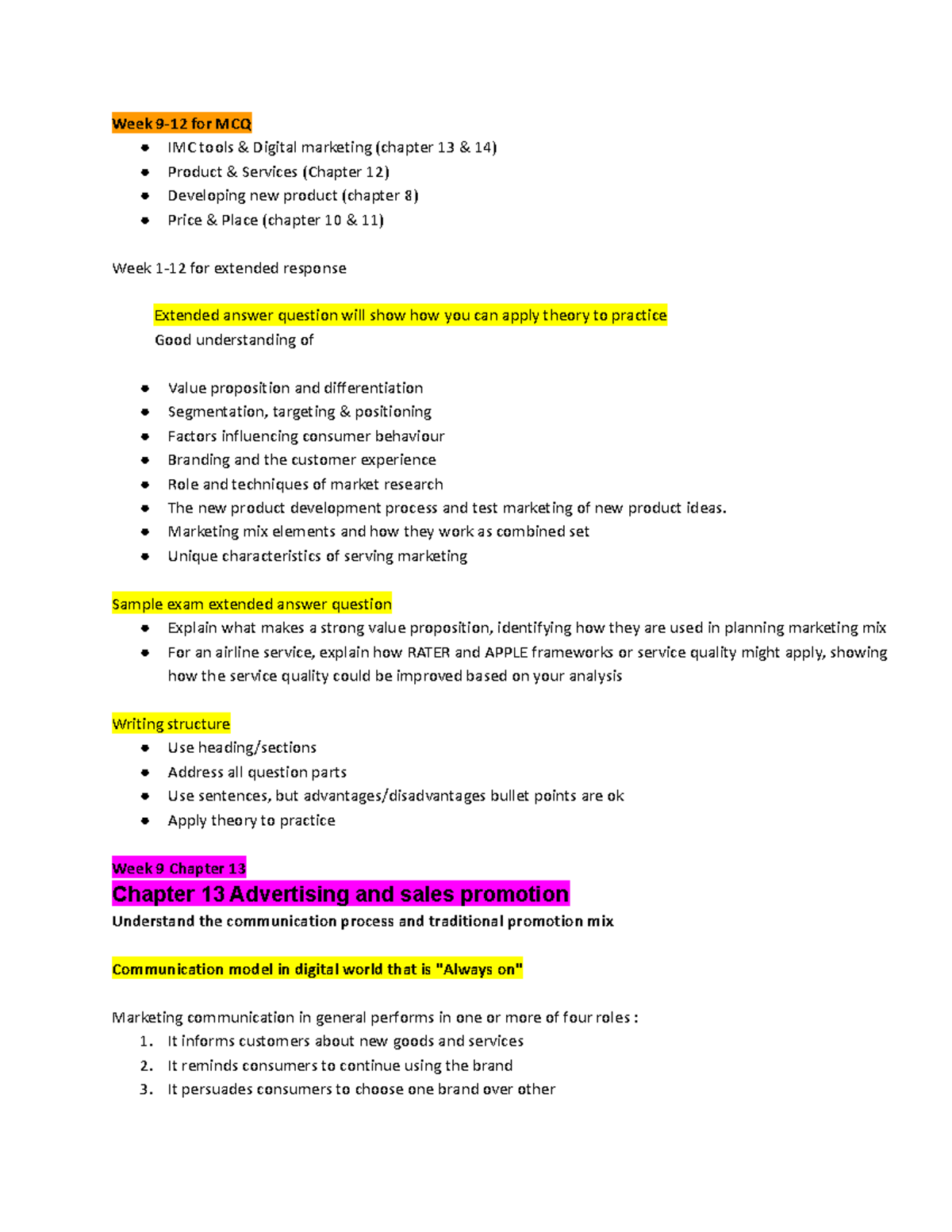 Mktg1001 Final Notes Week 9 12 For Mcq Imc Tools And Digital Marketing