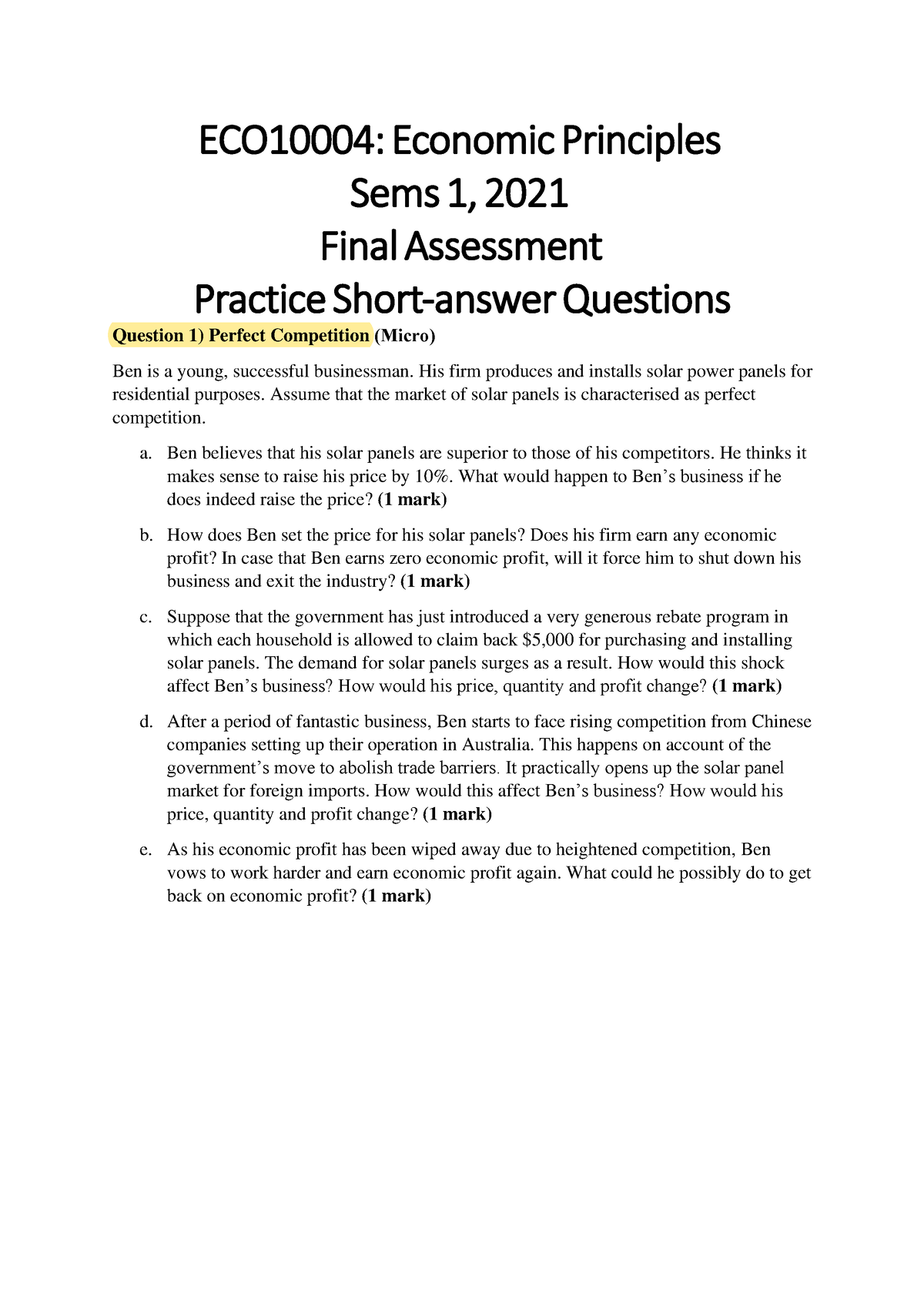 Practice Short Answer Questions Eco10004 Economic Principles Sems 1