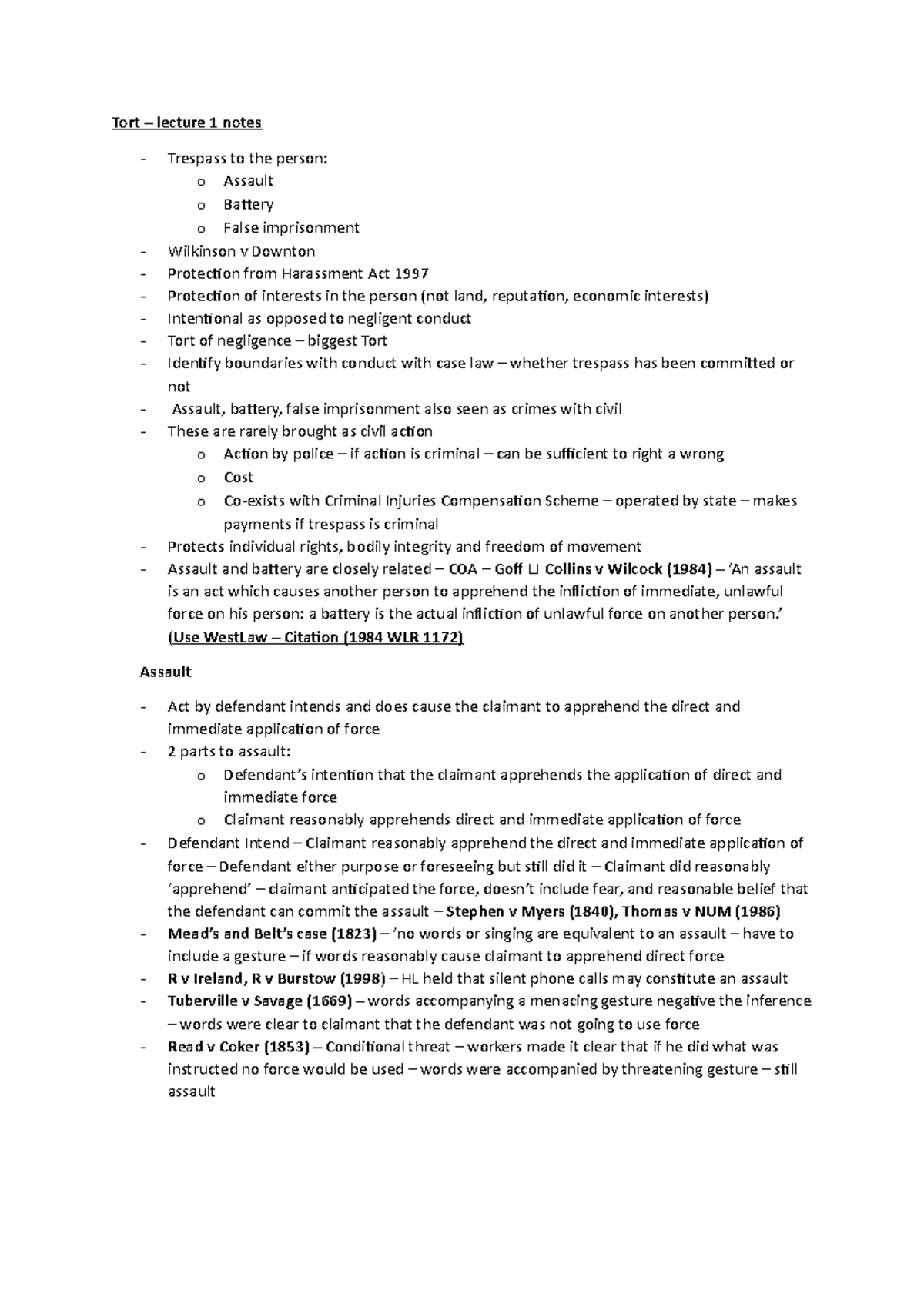 Tort Lecture 1 Tort Lecture 1 Notes Trespass To The Person O