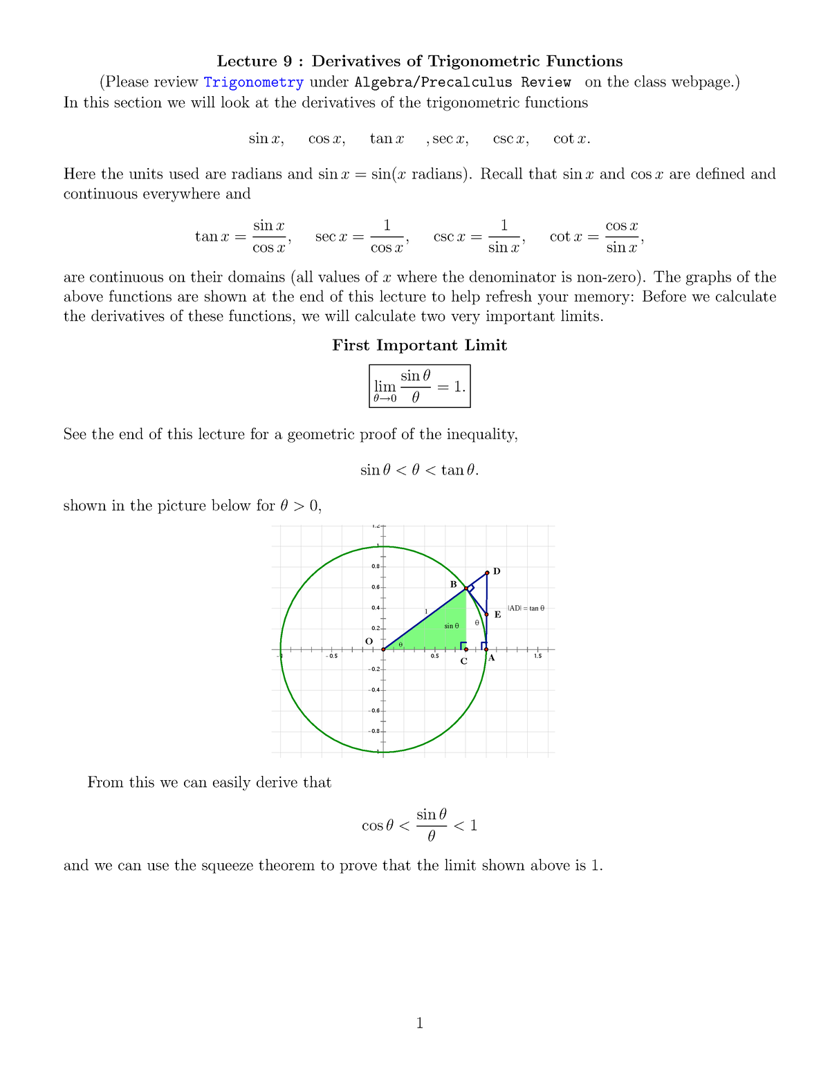 9 Trigonometric Functions Lecture 9 Derivatives Of Trigonometric