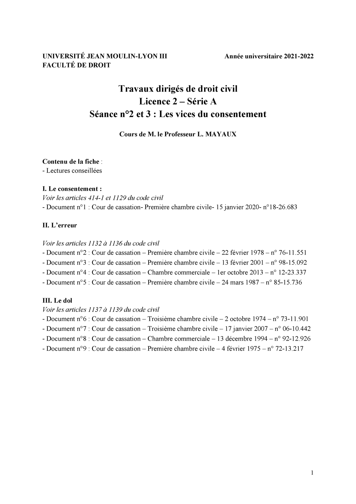 Td N°2 Et N°3 Droit Civil Les Vices Du Consentement UniversitÉ Jean