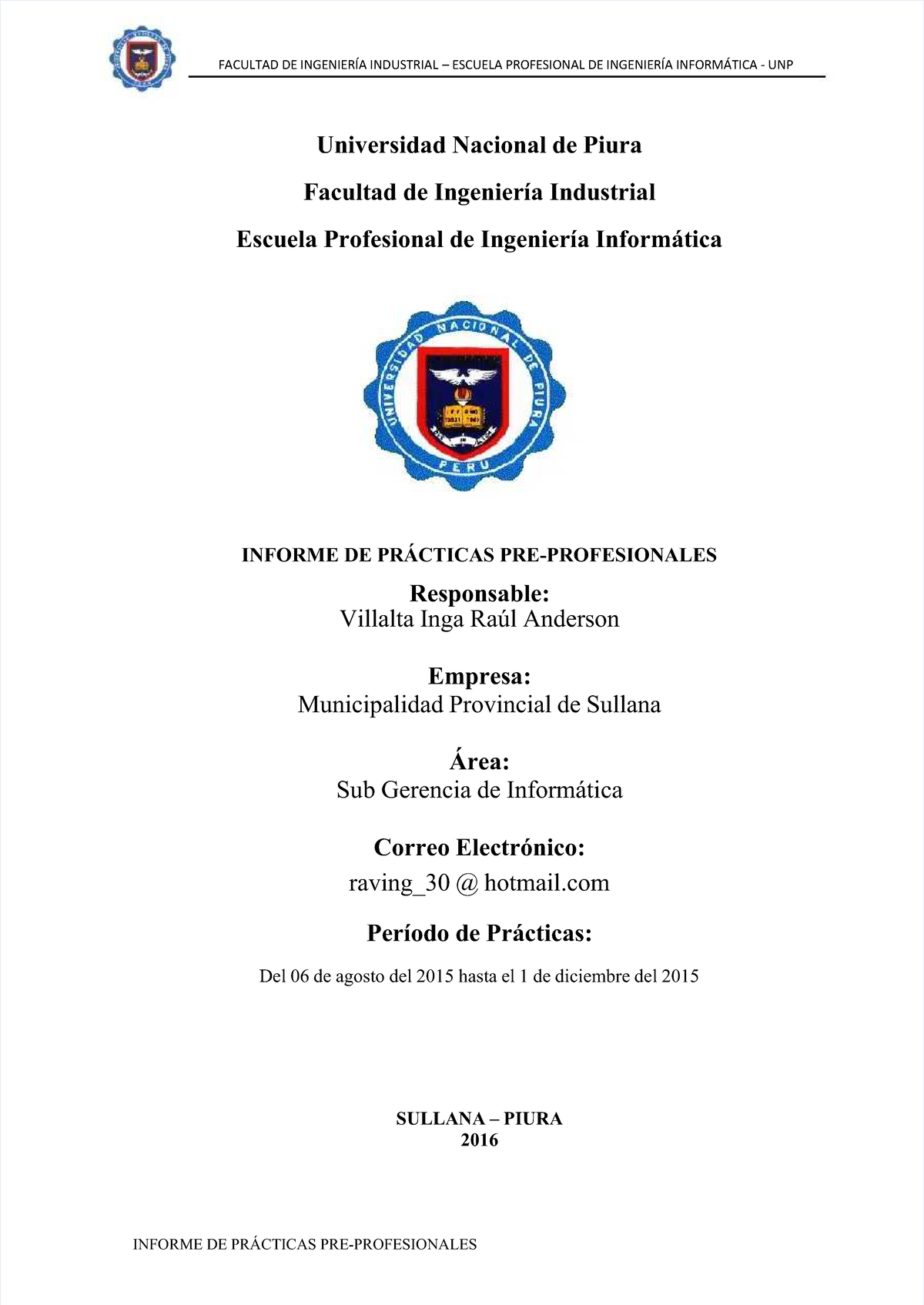 Informe De Practicas Pre Profesionales Ing De Sistema