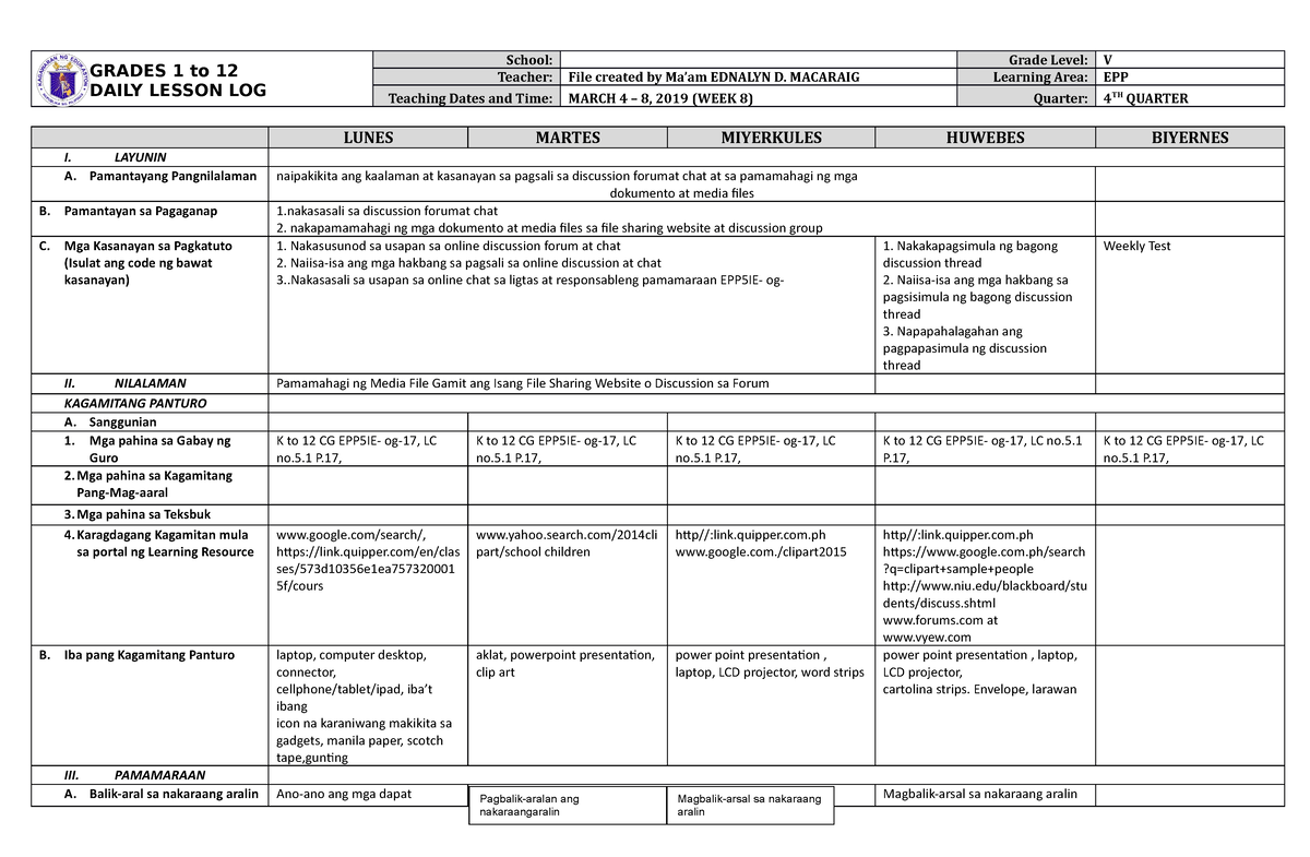 Dll Quarter 1 Week 4 Epp Ict 5 Grades 1 To 12 Daily Lesson Log School