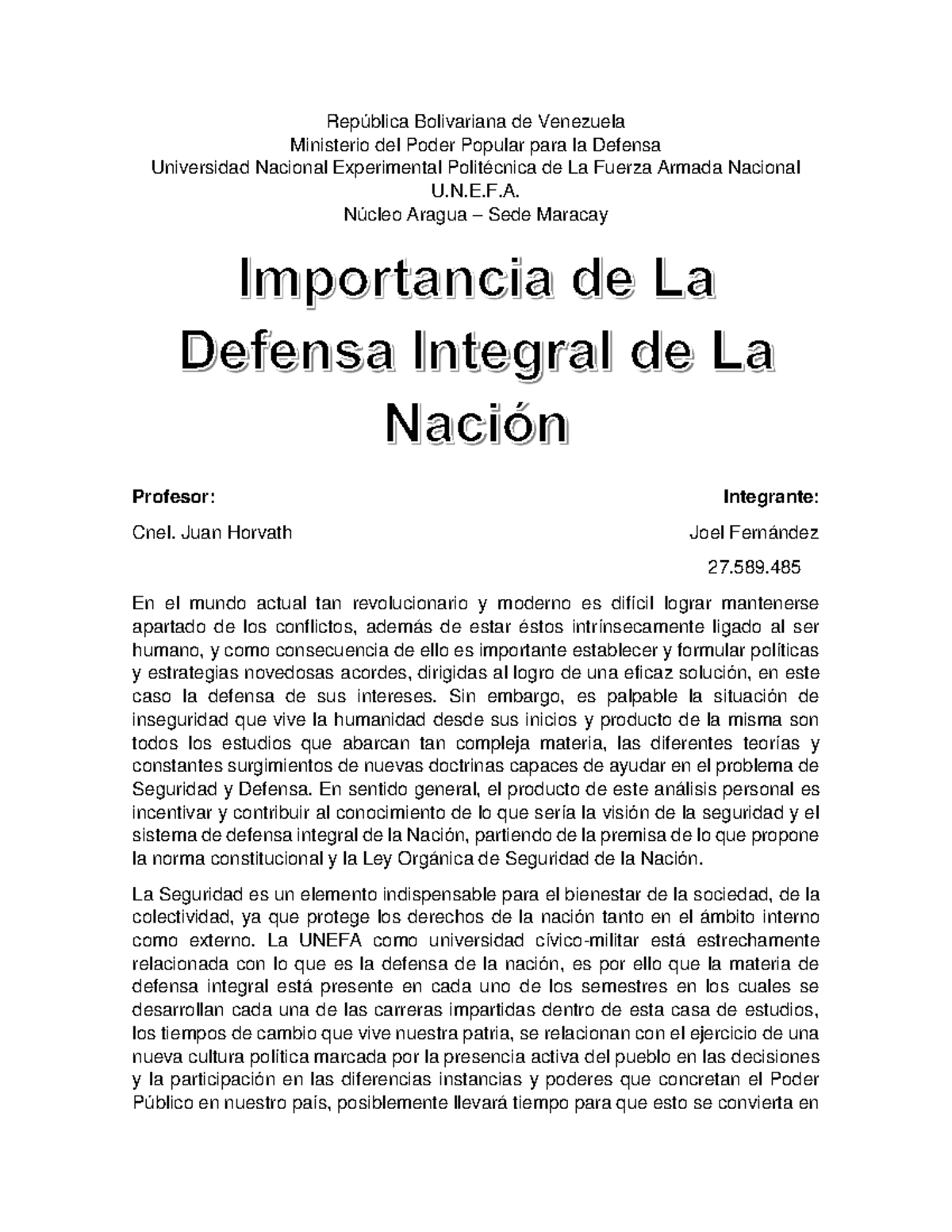 Importancia De La Defensa Integral República Bolivariana De Venezuela