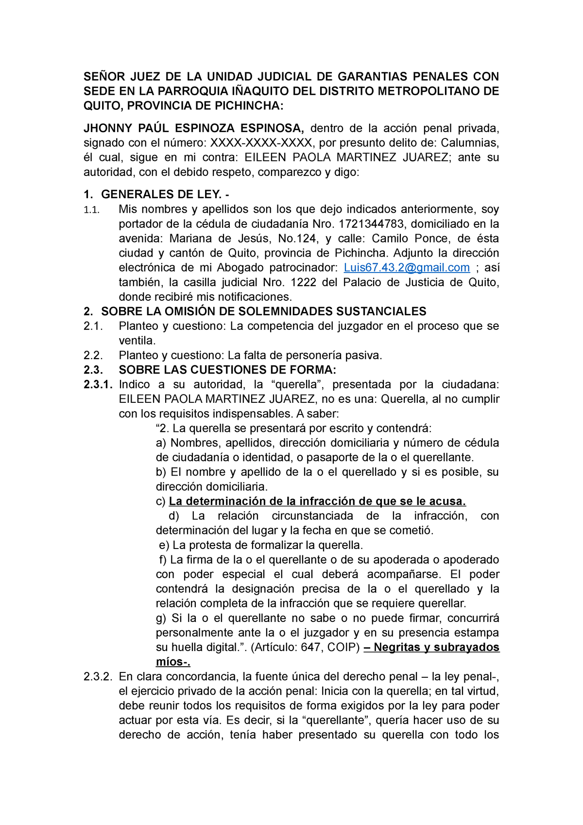 6contestación A La Querella SeÑor Juez De La Unidad Judicial De