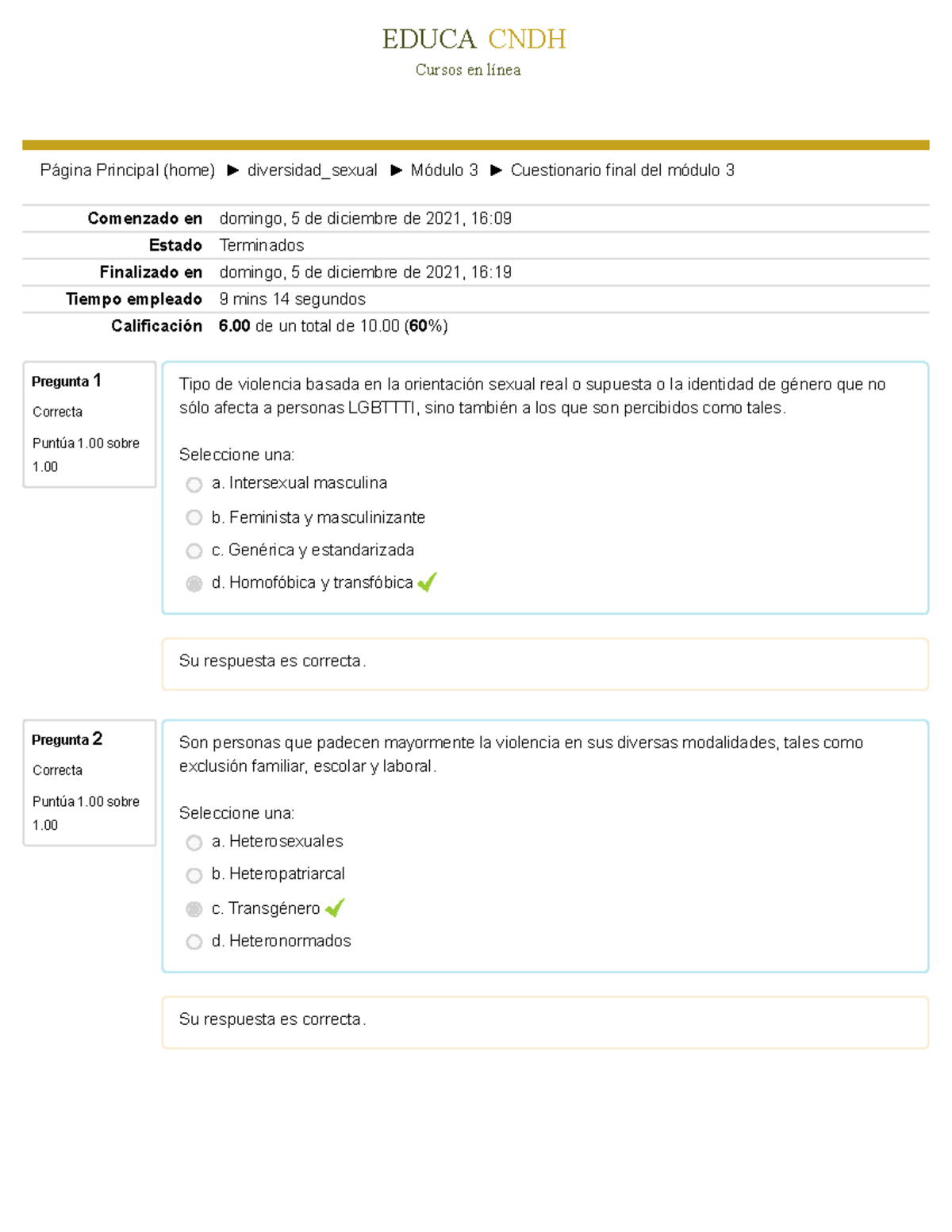 Cuestionario Final Del Módulo 3 Diversidad Sexual Educa Cndh Cursos