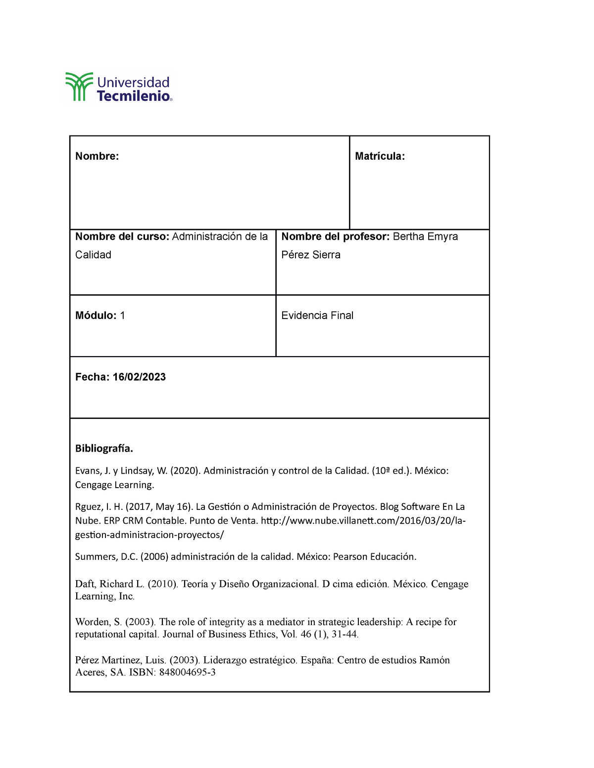 Evidencia Final Nombre Matrícula Nombre Del Curso Administración