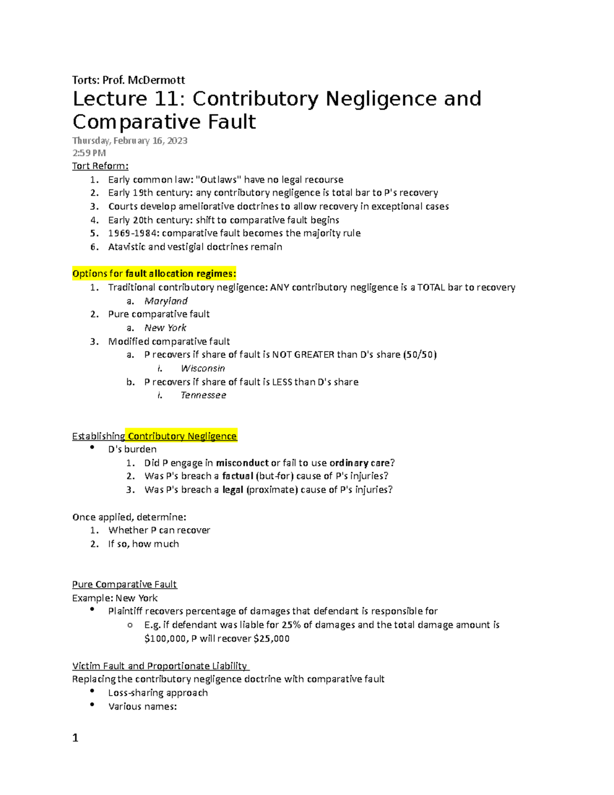 Torts Lecture 11 Contributory Negligence And Comparative Fault Torts