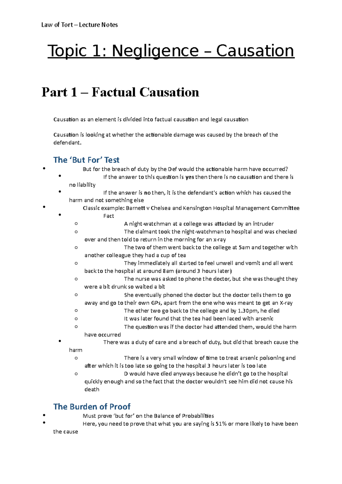 Topic 1 Lecture Notes From Tort Topic 1 Negligence Causation