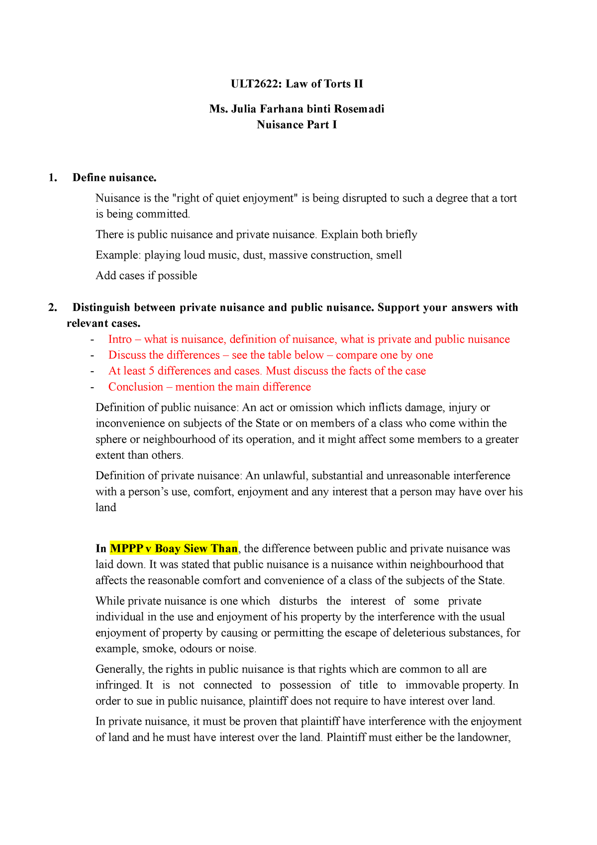 Torts Tuto 1 Week 2 Hope It Helps Ult2622 Law Of Torts Ii Ms