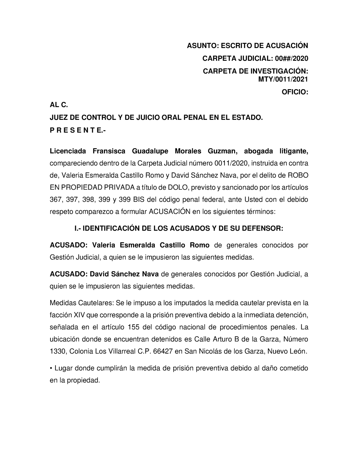 Escrito Acusacion Trabajo Asunto Escrito De AcusaciÓn Carpeta