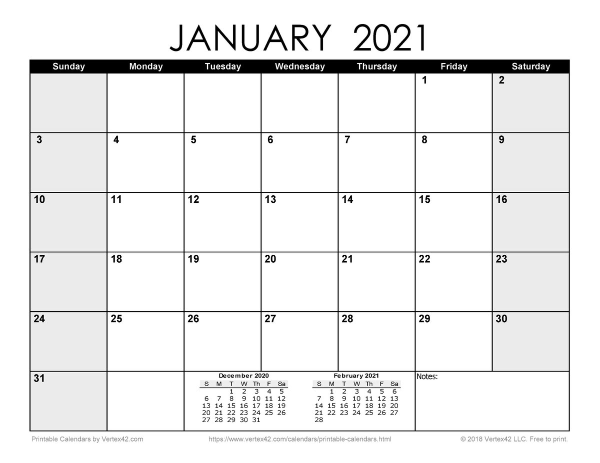 12 Month Calendar 2021 Printable One Page