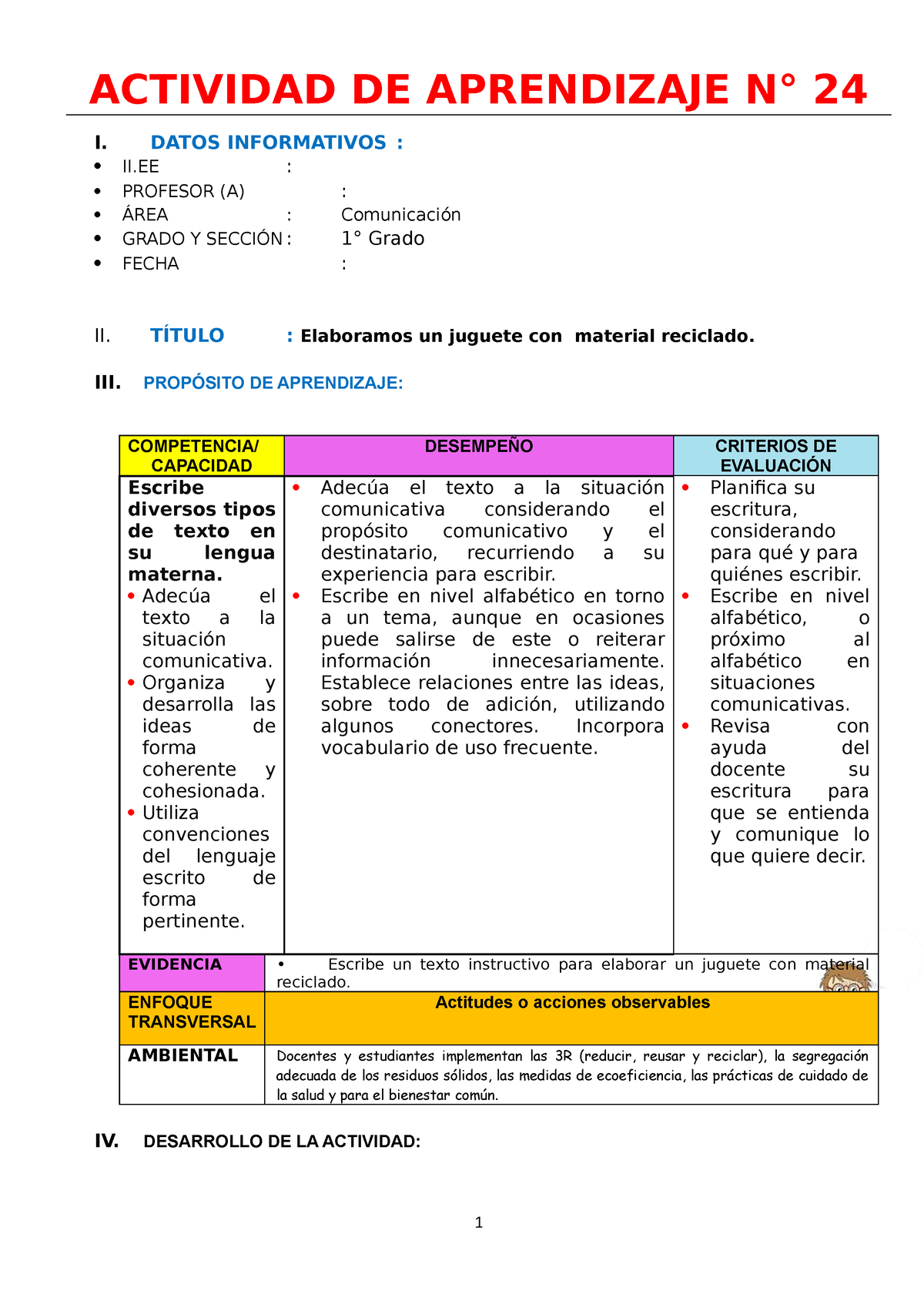 Sesión Escribimos Cómo Elaborar Un Juguete Con Material Reciclado