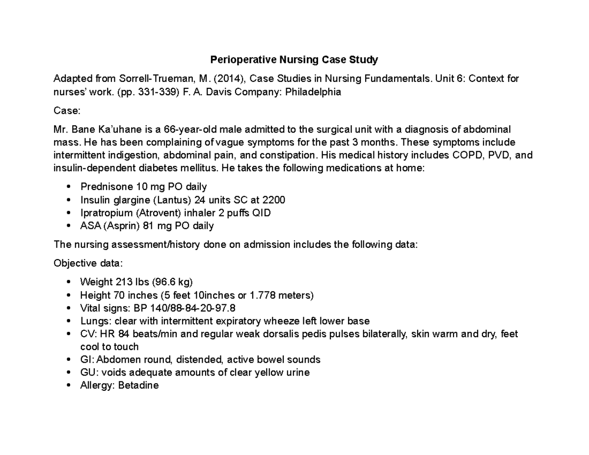 Perioperative Nursing Case Study Perioperative Nursing Case Study