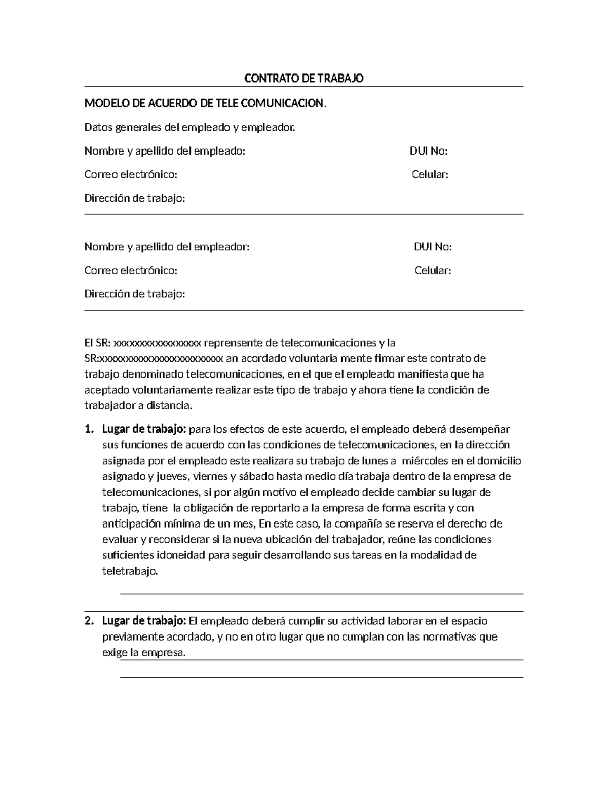 Contrato De Teletrabajo Contrato De Trabajo Modelo De Acuerdo De Tele