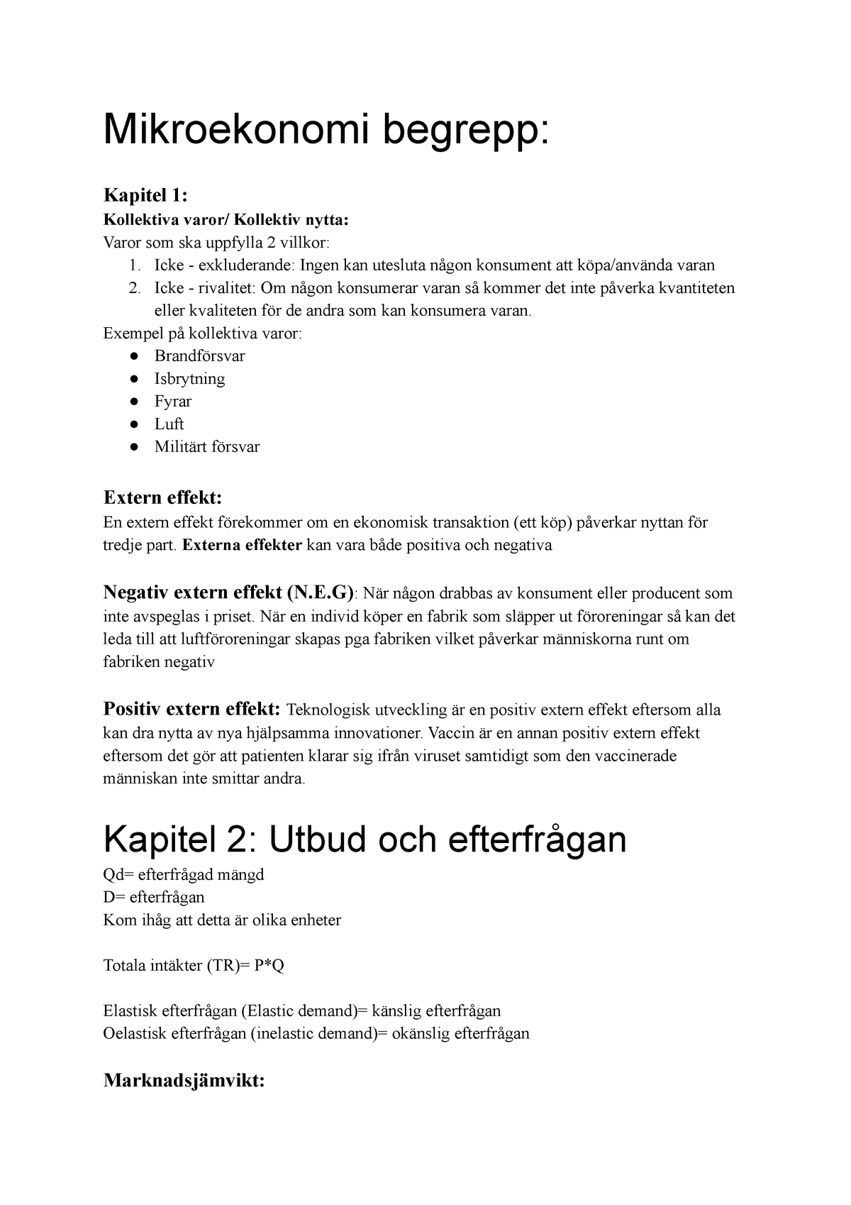 Begrepp I Mikro Sammanfattning Mikroekonomi Begrepp Kapitel 1