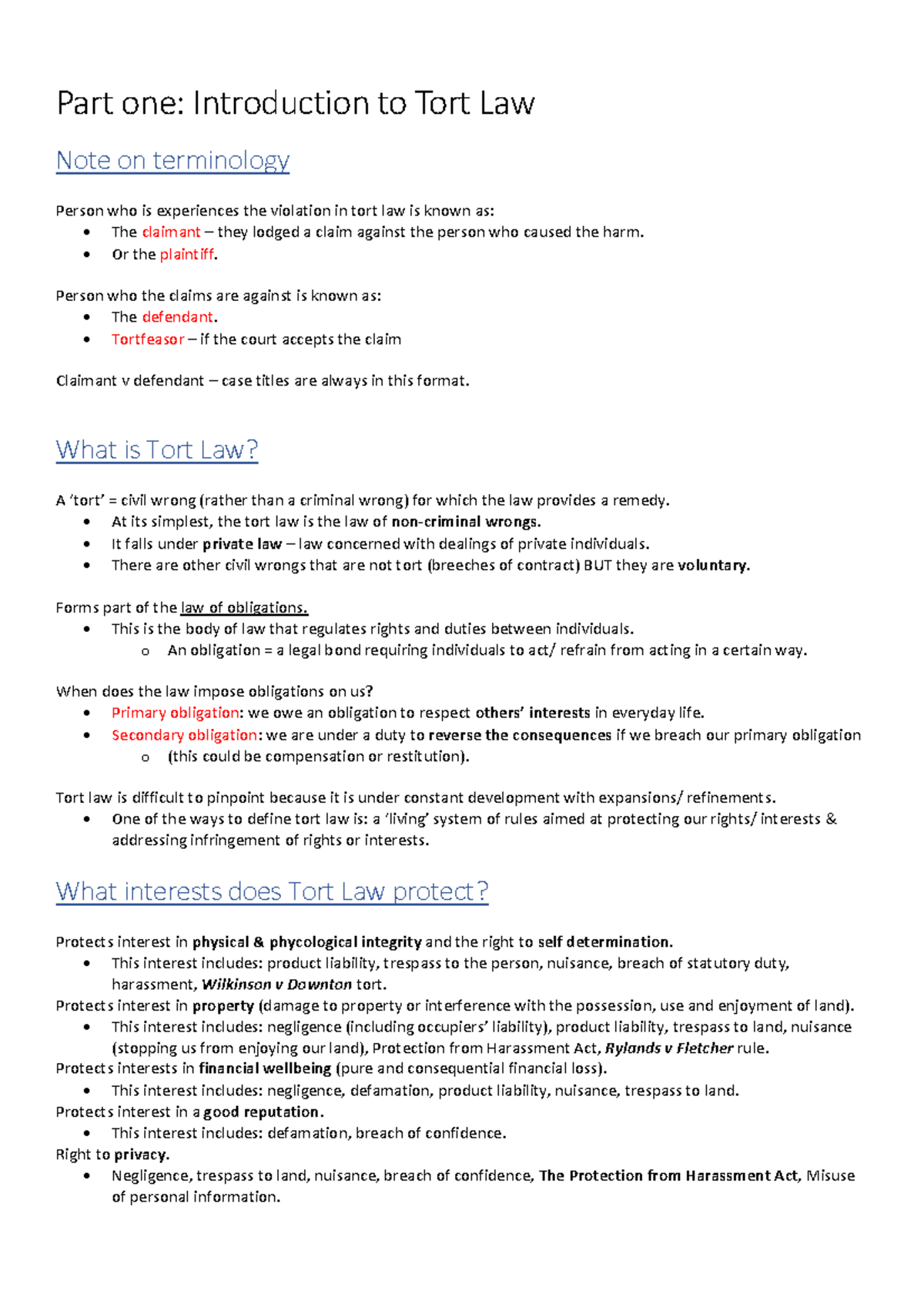 Introduction To Tort Law And Negligence Notes Part One Introduction To