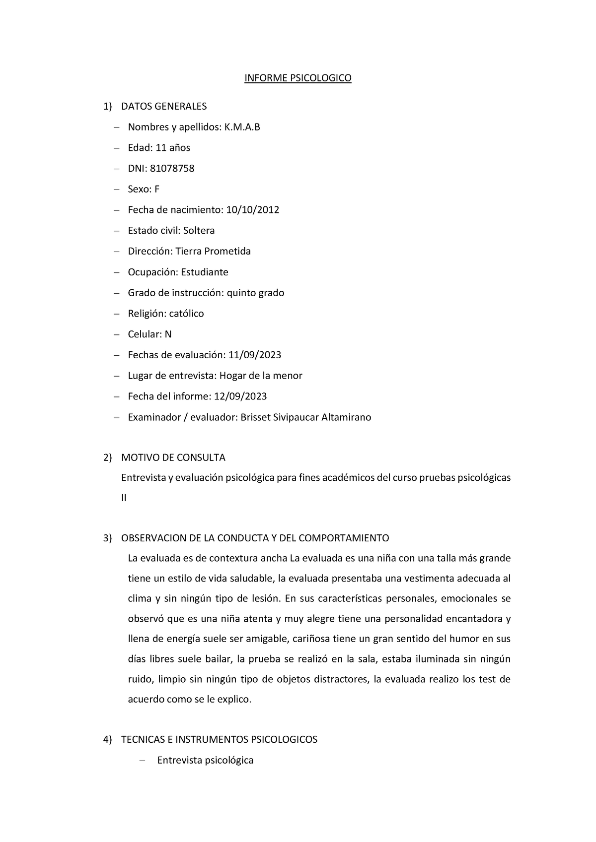 Informe Psicologico Catell I Informe Psicologico 1 Datos Generales