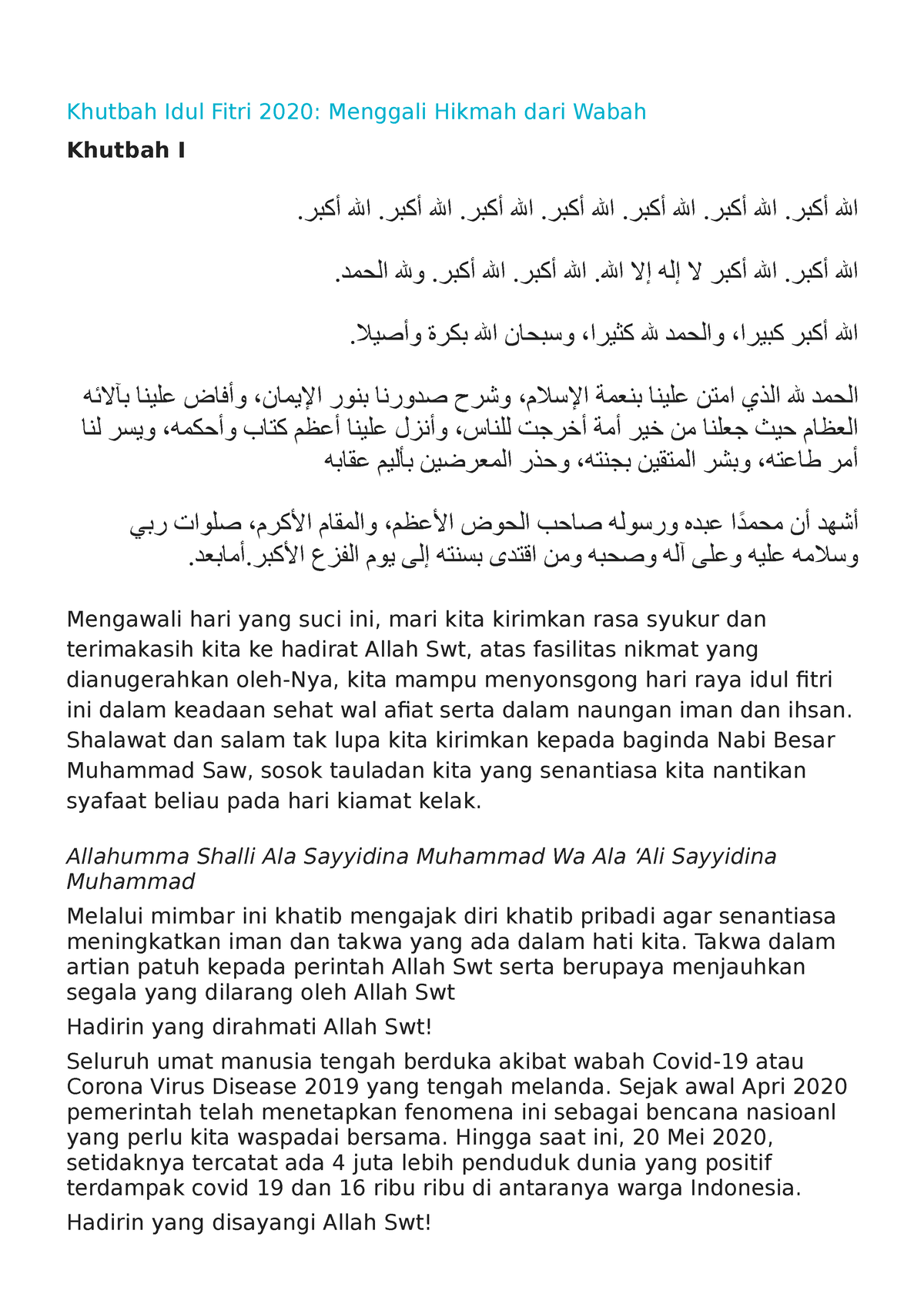 Khutbah Idul Fitri 2020 Khutbah Idul Fitri 2020 Menggali Hikmah Dari