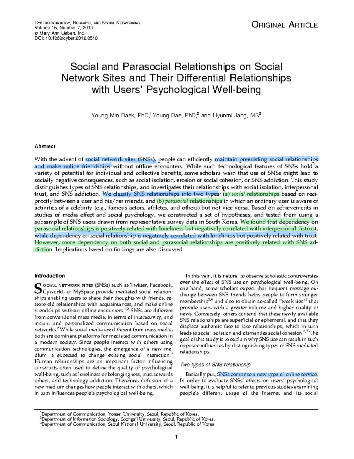 Baek2013 Original Article Social And Parasocial Relationships On