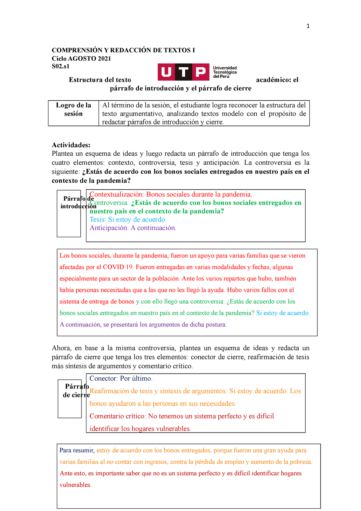 Párrafo De Introducción Y Cierre Comprensión Y Redacción De Textos