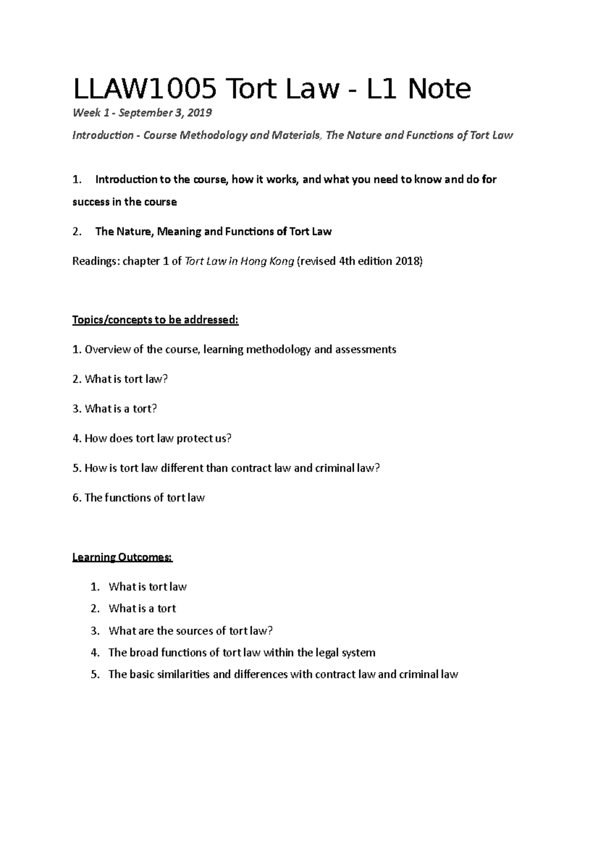 L1 Note Llaw1005 Add Oil Llaw1005 Tort Law L1 Note Week 1