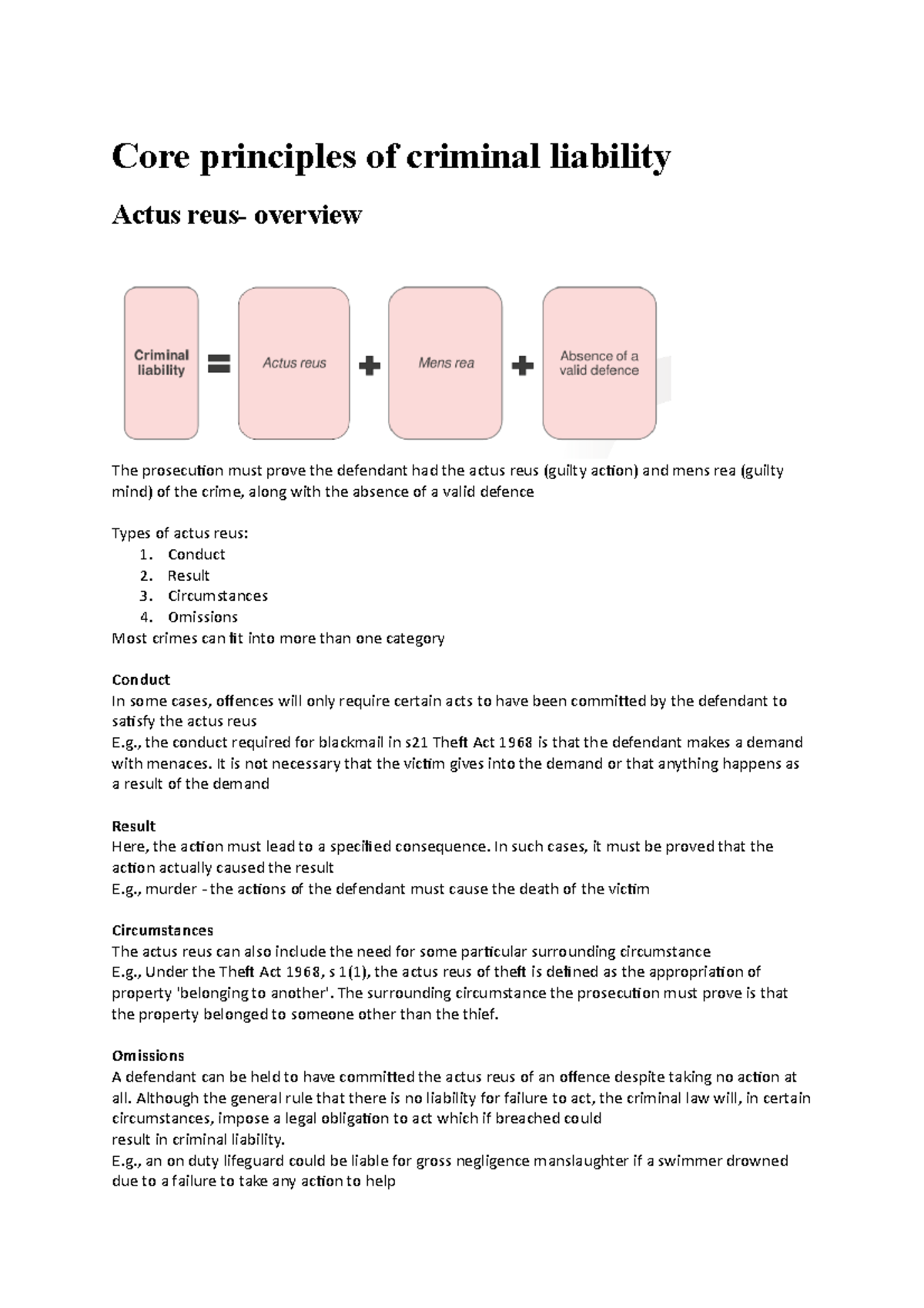 1 Core Principles Notes For Workshop 1 Criminal Law Core Principles