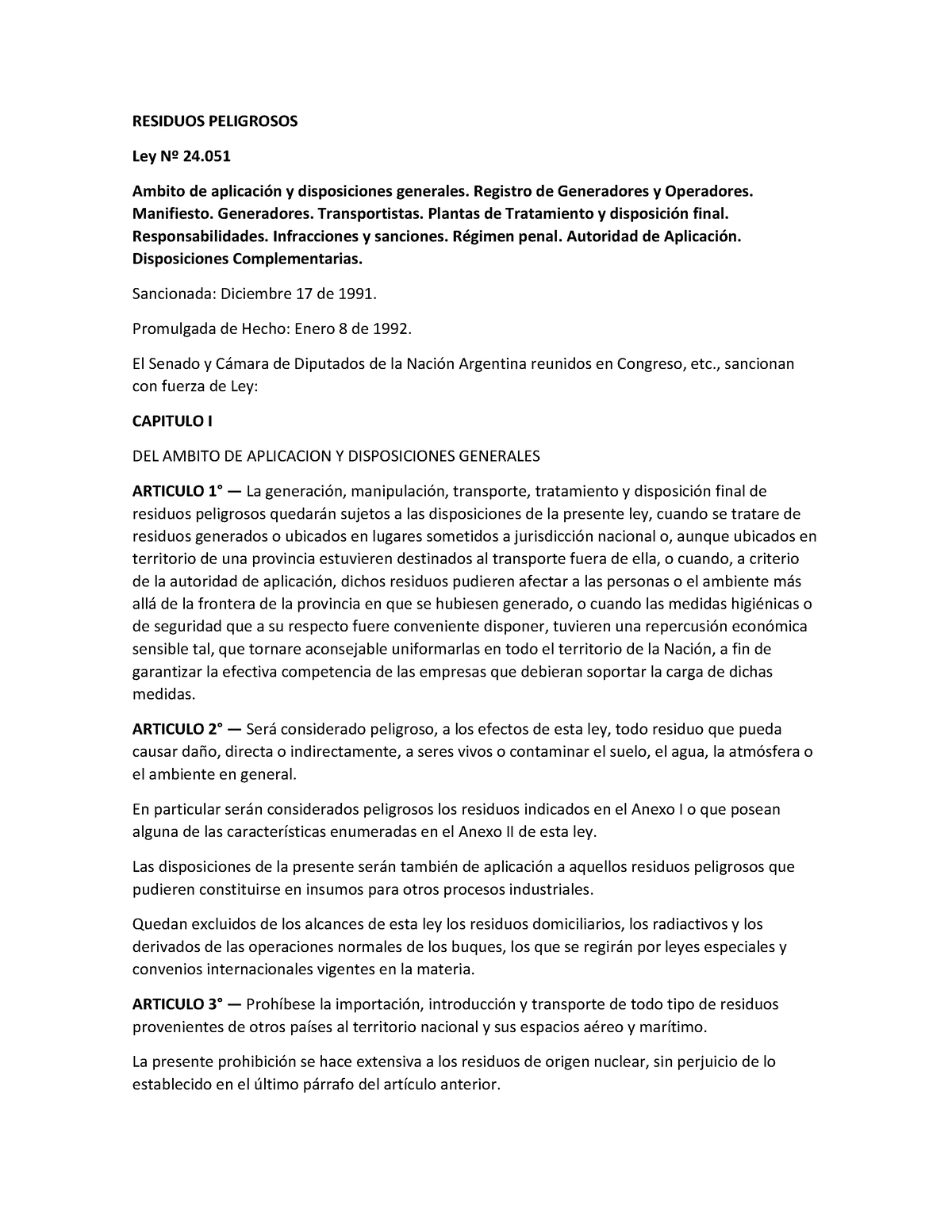 Residuos Peligrosos Ley 24051 1 Residuos Peligrosos Ley Nº 24 Ambito