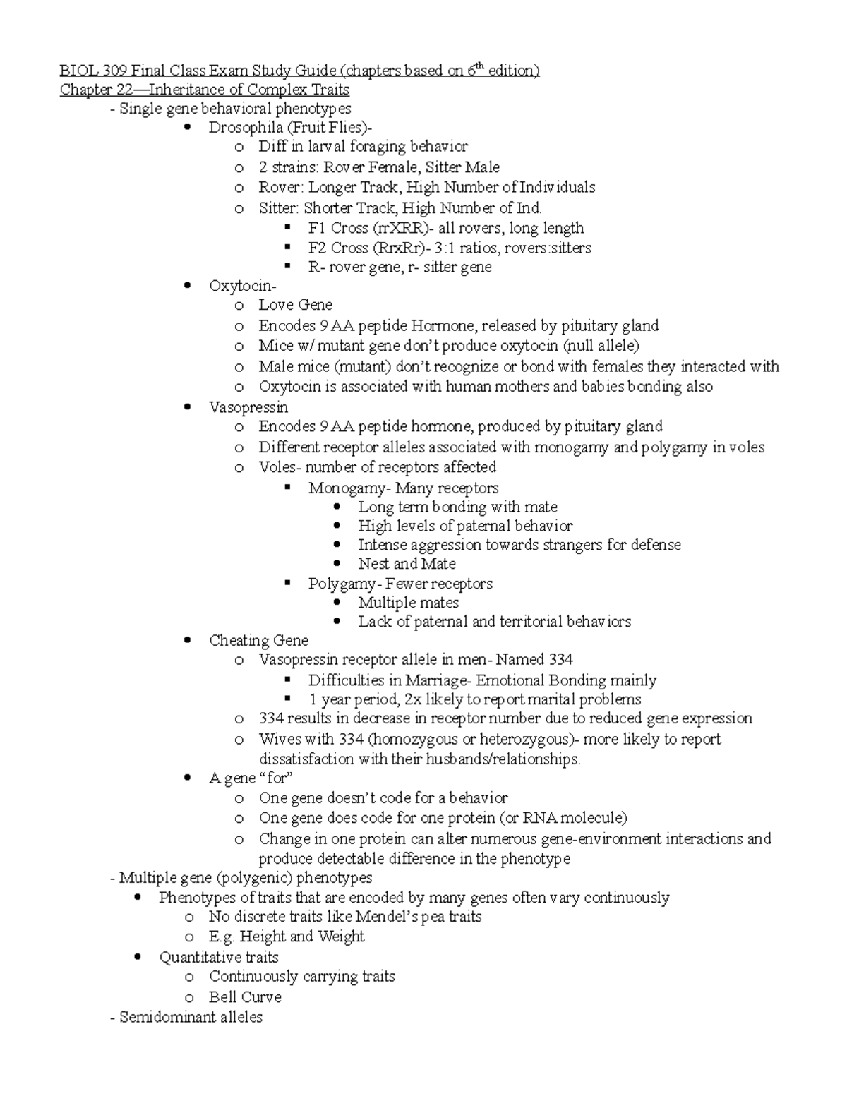 Final Exam Study Guide Biol 309 Final Class Exam Study Guide