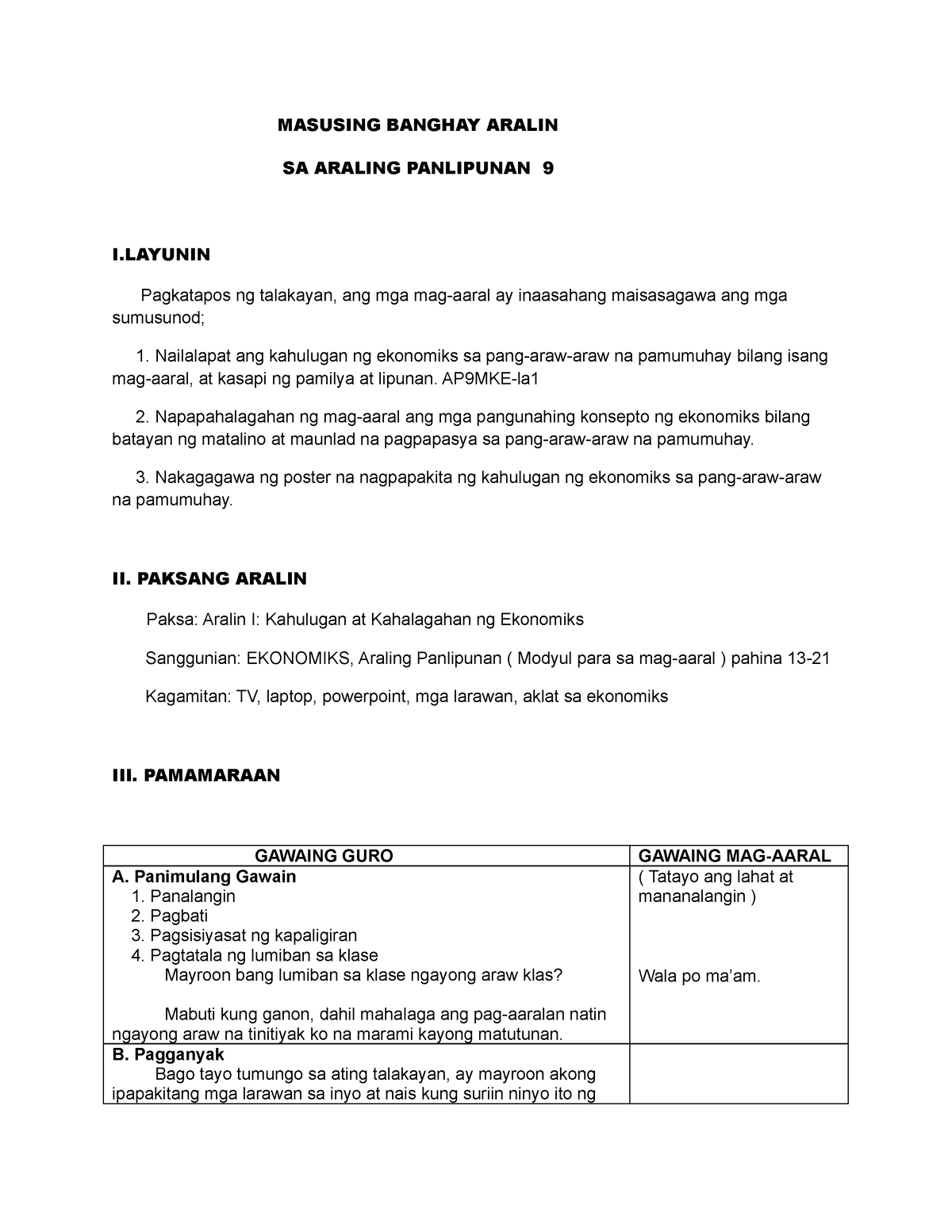 Lp Example Sample Lesson Plan Masusing Banghay Aralin Para Sa