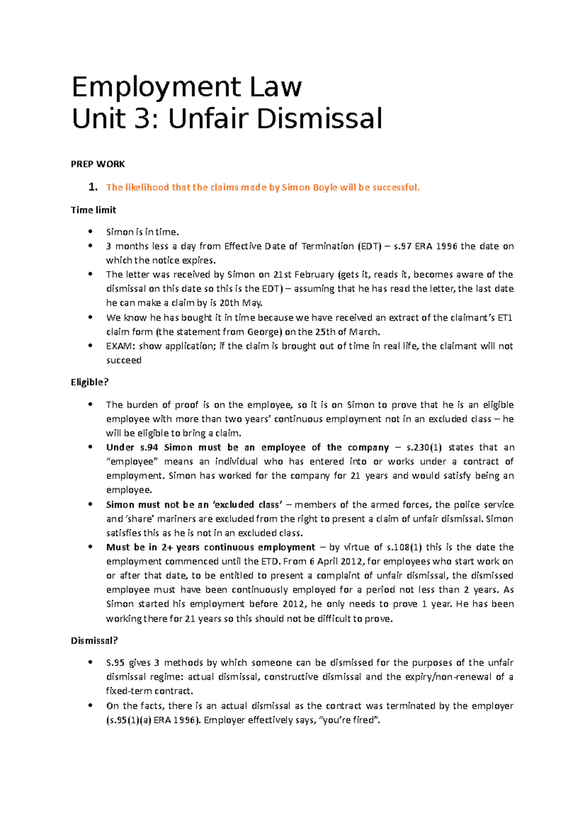 Employment Law Unit 3 Unfair Dismissal Employment Law Unit 3