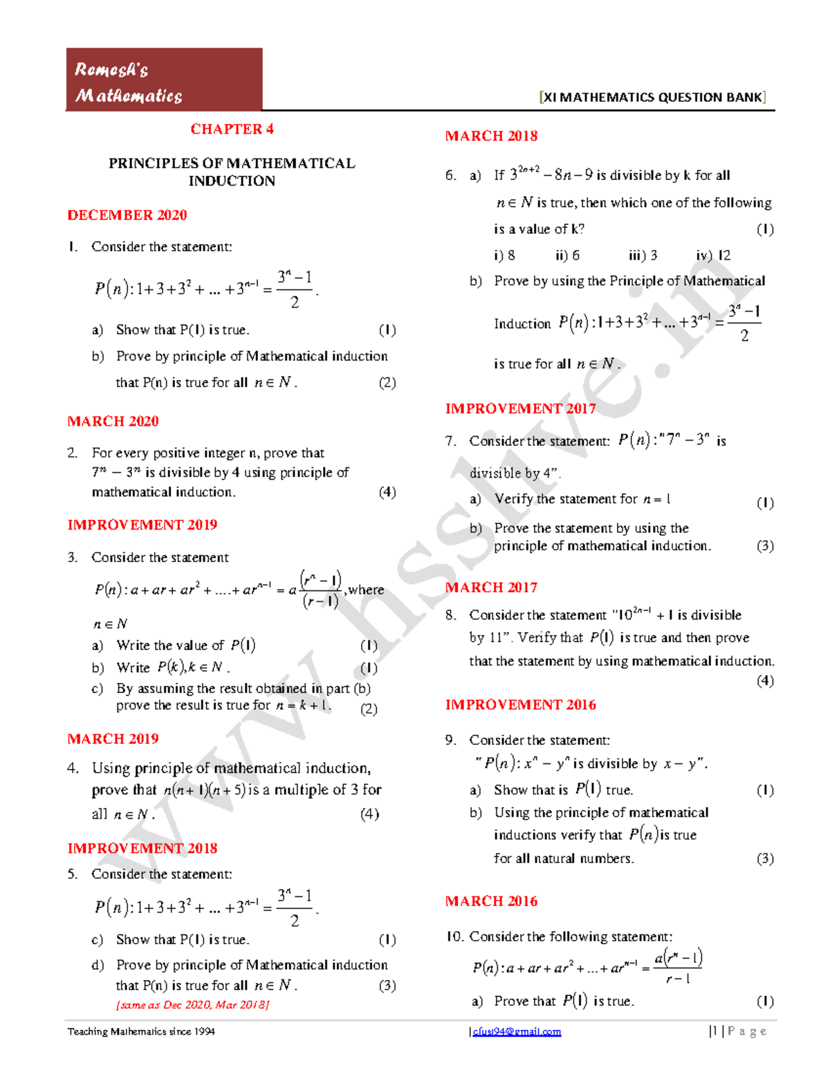 Hsslive Xi Maths Qb Remesh 4 Principles Of Mathematical Induction