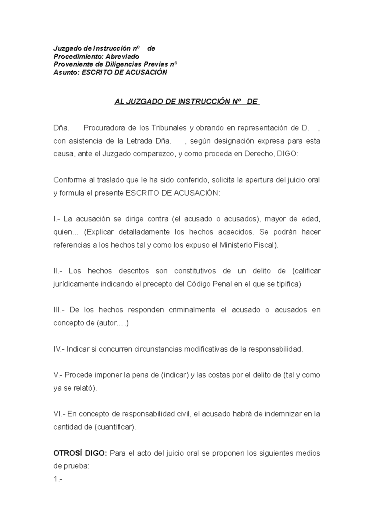 Modelo Escrito De Acusación Juzgado De Instrucción Nº De