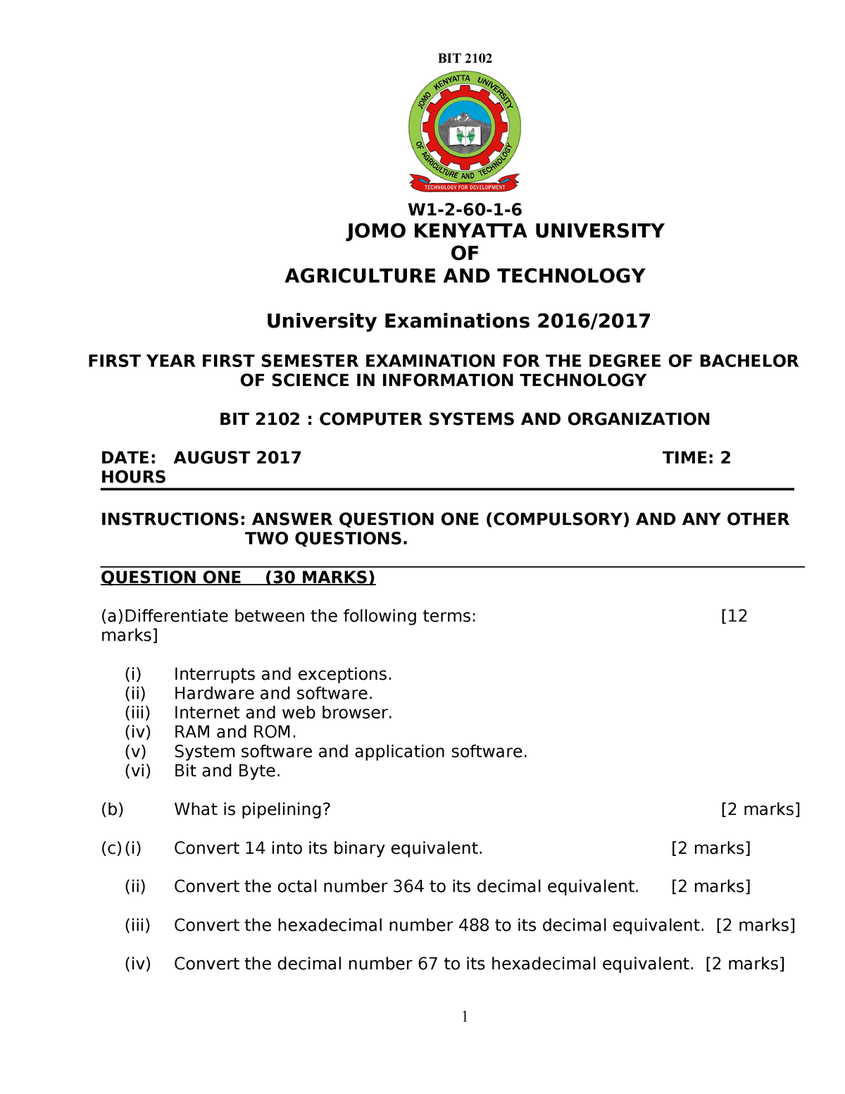 Rpp7i0o Exam Paper Bit 2102 W1 2 60 1 Jomo Kenyatta University Of