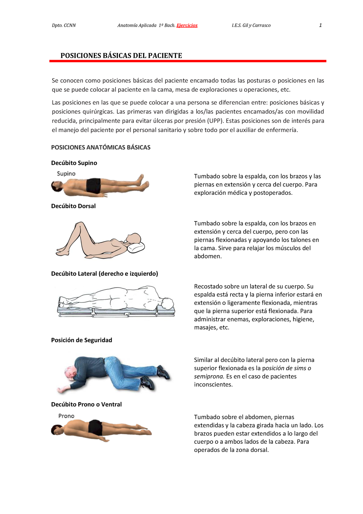 Posiciones Enfermeria Dpto Ccnn Anatomía Aplicada 1º Bach