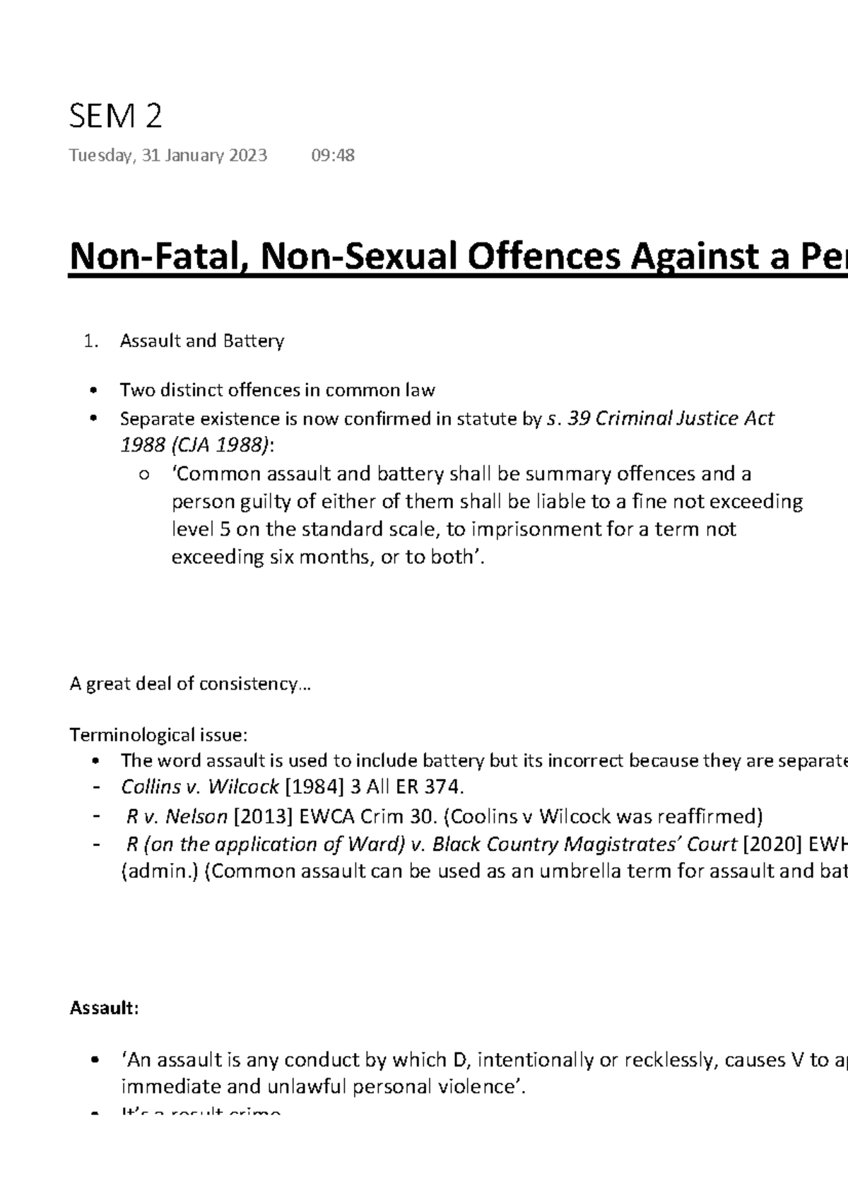 Sem 2 Lecture Notes On Non Fatal Non Sexual Offences Non Fatal