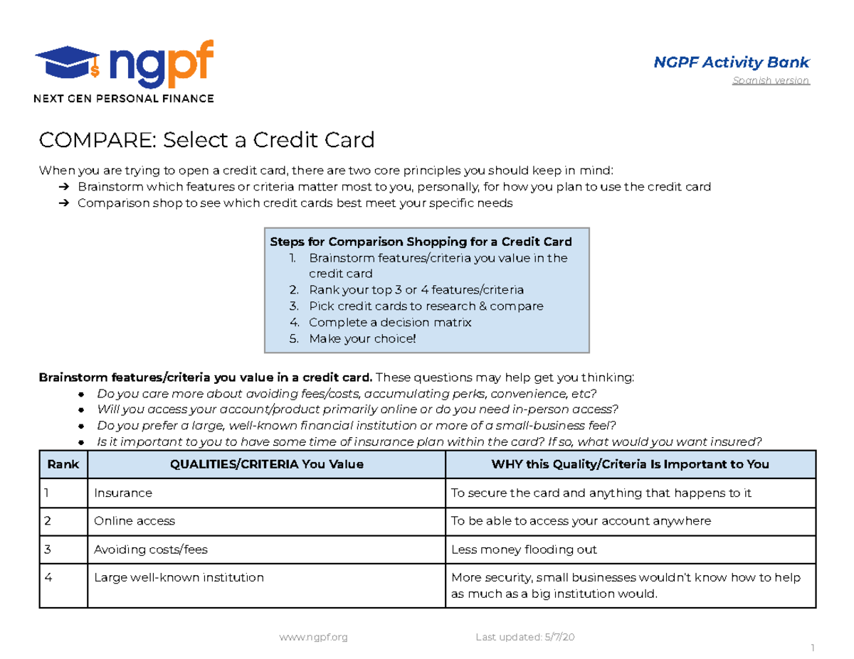 Select A Credit Card Ngpf Activity Bank Spanish Version Compare