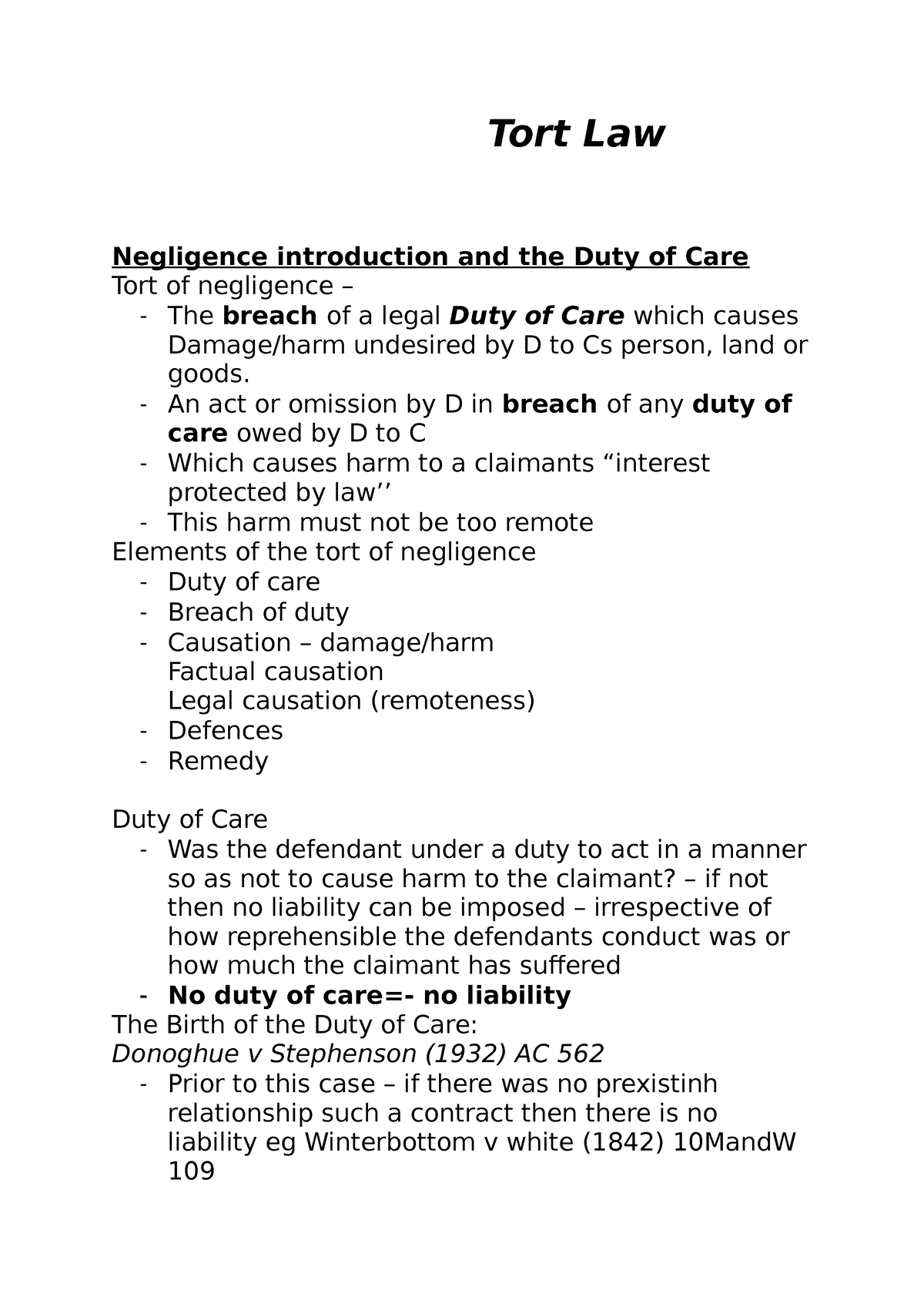 Tort Law Essay Answer Tort Law Negligence Introduction And The Duty