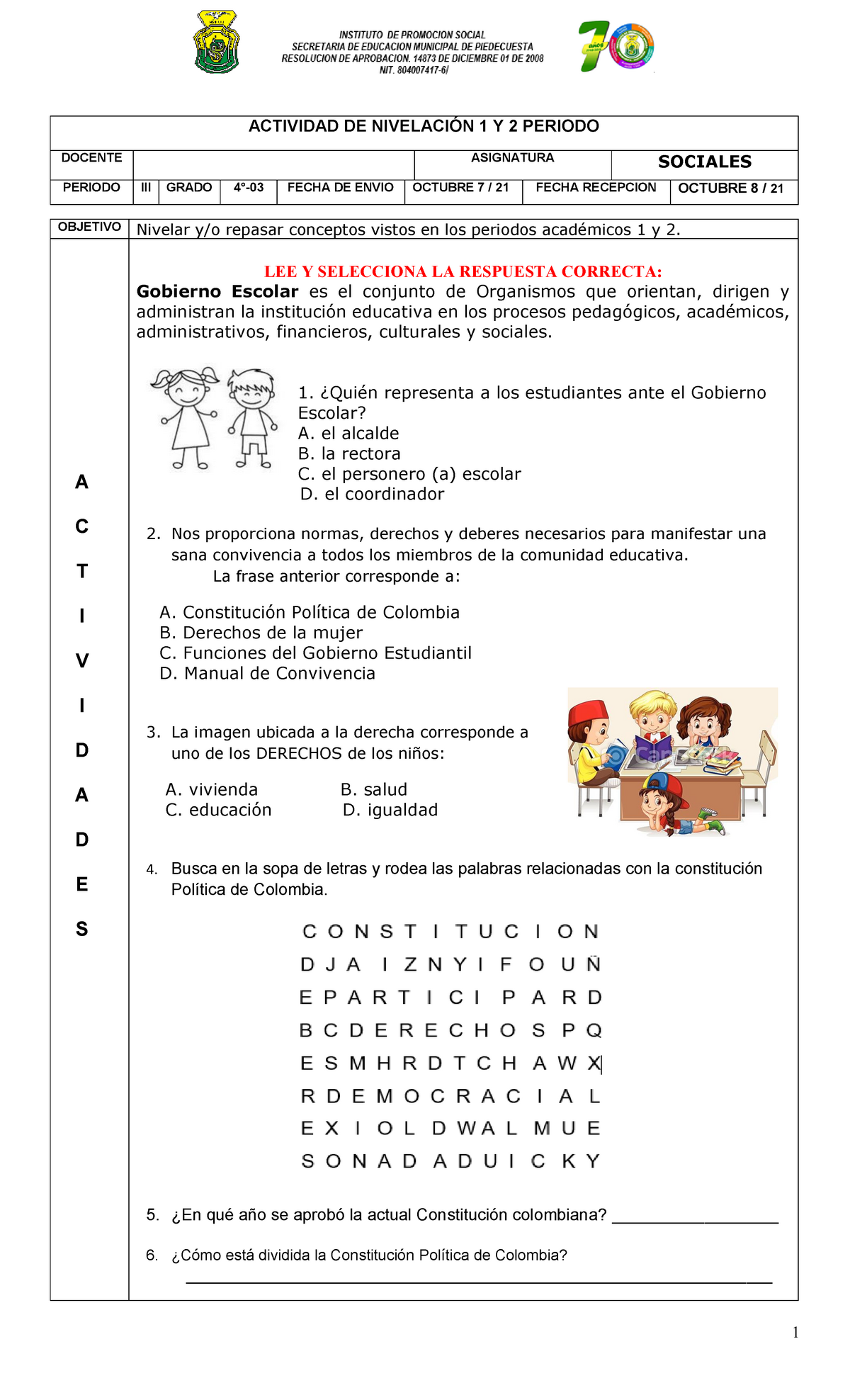 Actividad De Nivelación Sociales 1 Y 2 Periodo Para Completar 1