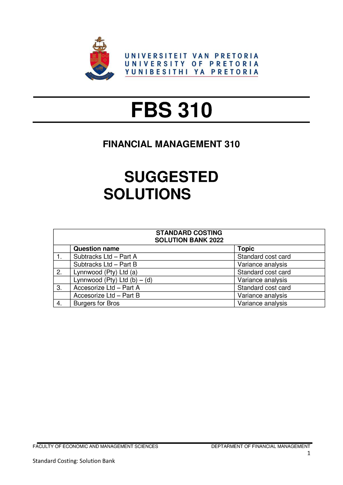 Fbs 310 2022 Standard Costing Solution Bank 1 Standard Costing