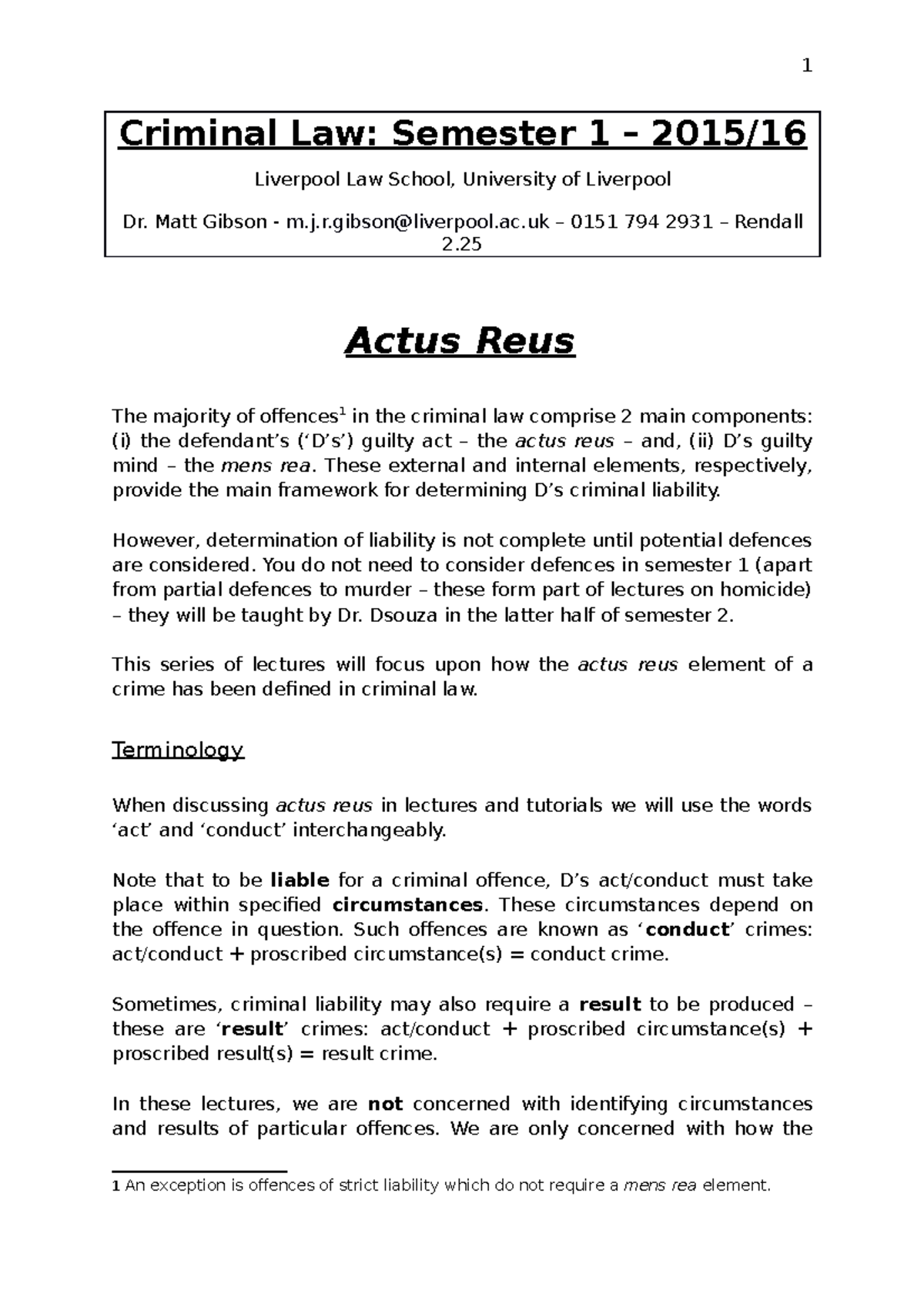 Actus Reus Handout Criminal Law Semester 1 2015 1 6 Liverpool Law