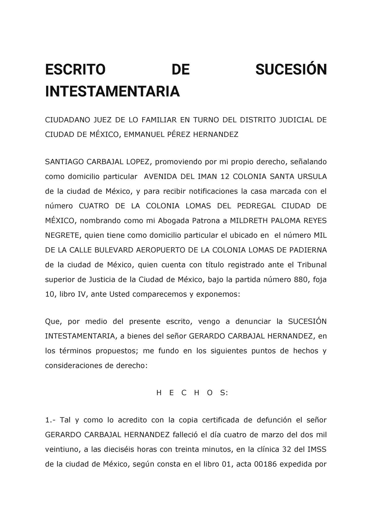 Sucesión Intestamentaria Escrito De SucesiÓn Intestamentaria