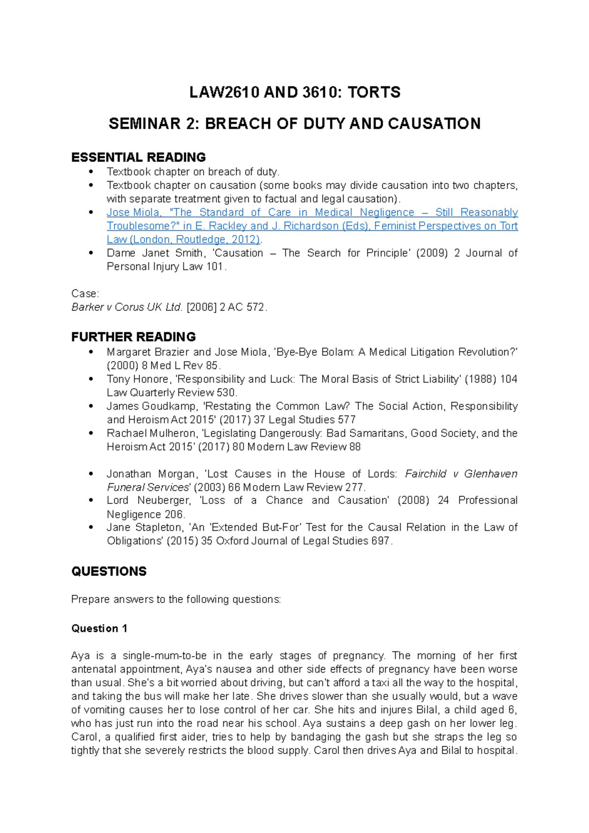 Tort Seminar 5 Breach And Causation Law2610 Leeds Studocu