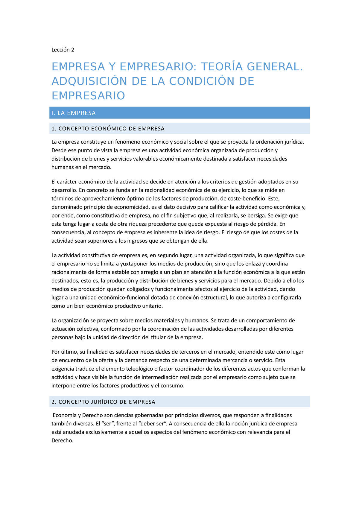 Tema 2 Resumen Derecho Mercantil I 2 Empresa Y Empresario General