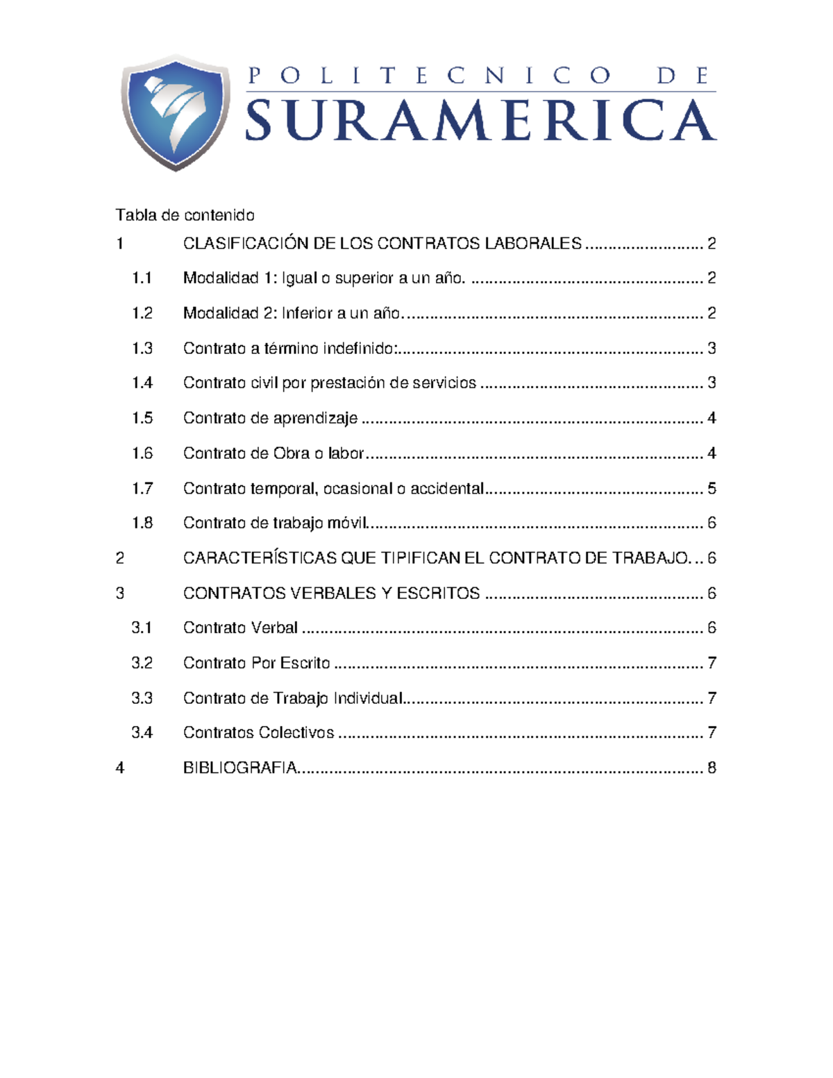 2 Clasificación De Los Contratos Laborales Tabla De Contenido 1