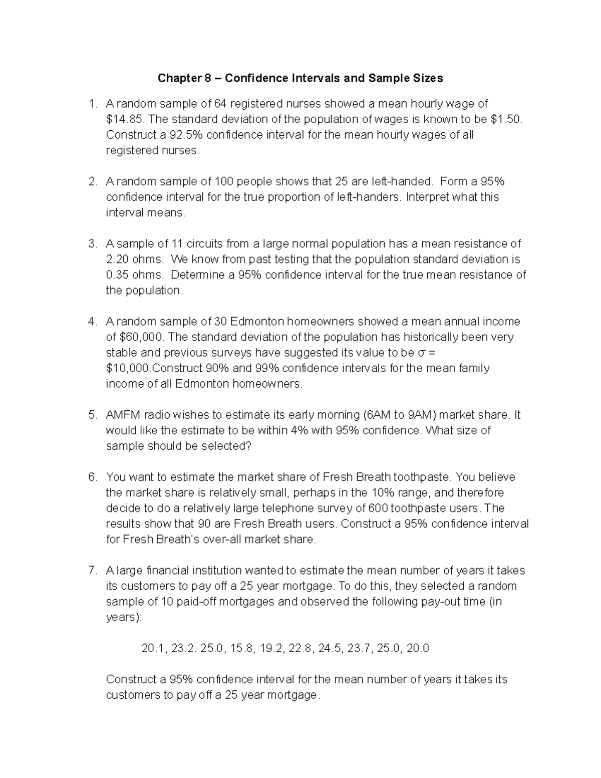 Chapter 8 Handout Chapter 8 Confidence Intervals And Sample Sizes A