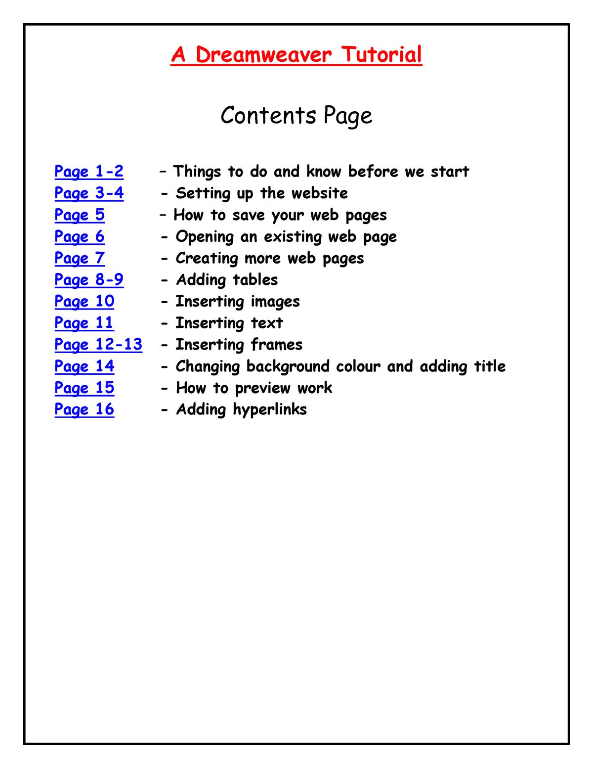 Dreamweaver Tutorial Chapter13 A Dreamweaver Tutorial Contents Page