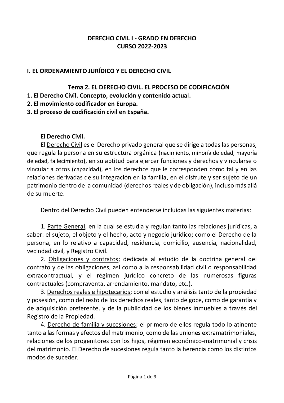 Tema 2 El Derecho Civil El Proceso De Codificación Derecho Civil I