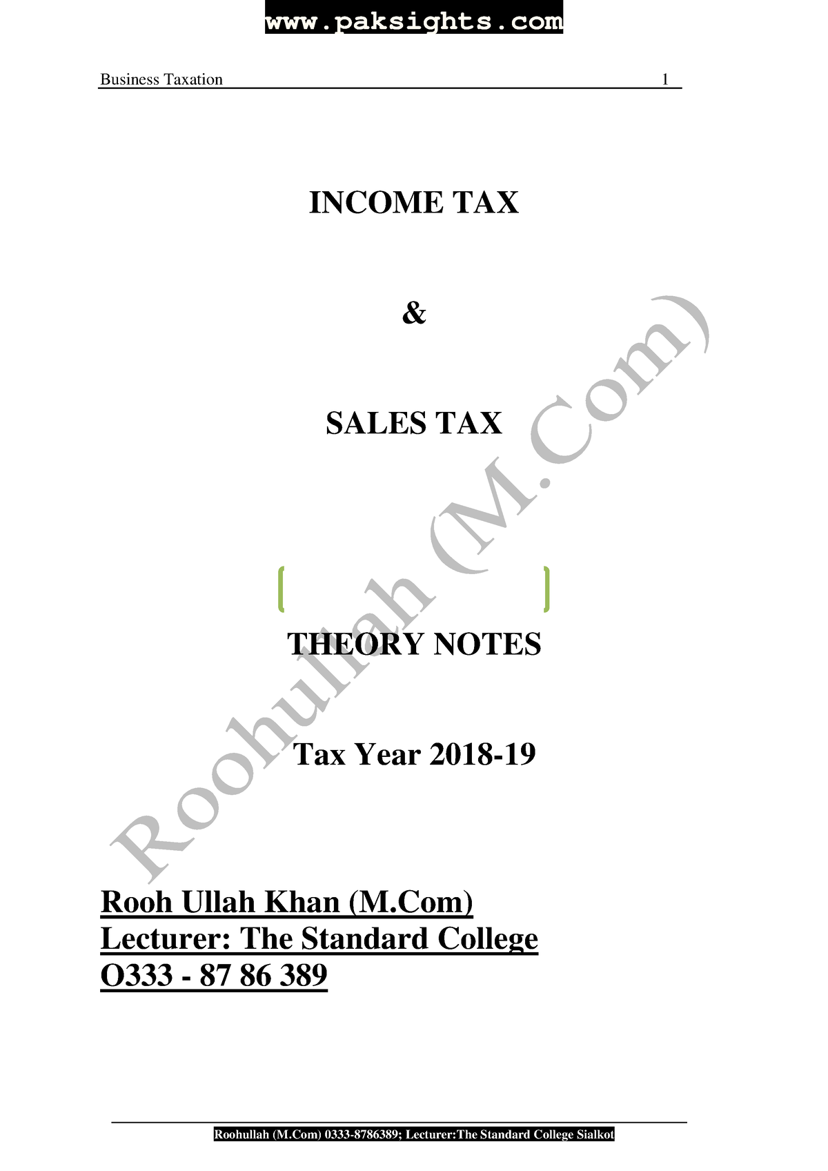 Business Taxation Notes B Business Taxation 1 Income Tax And Sales Tax